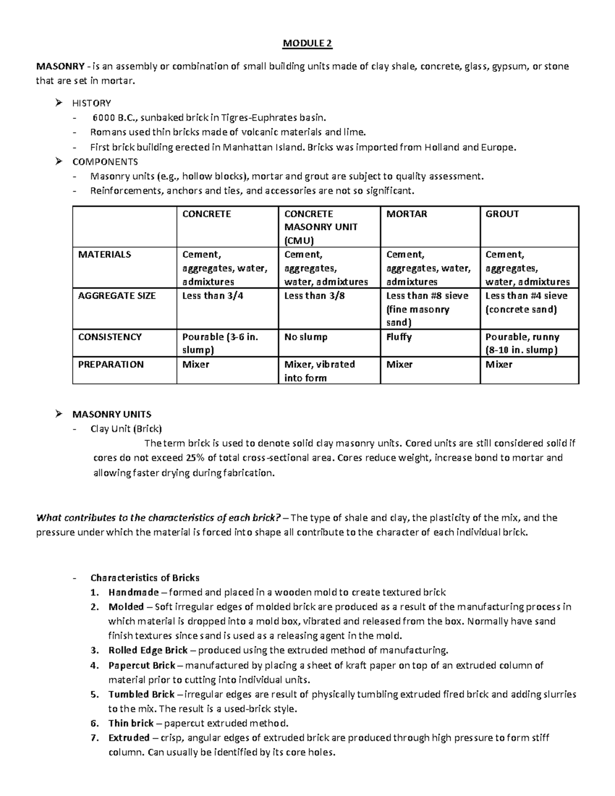 Review CMT (Module 2) - MODULE 2 MASONRY - is an assembly or ...