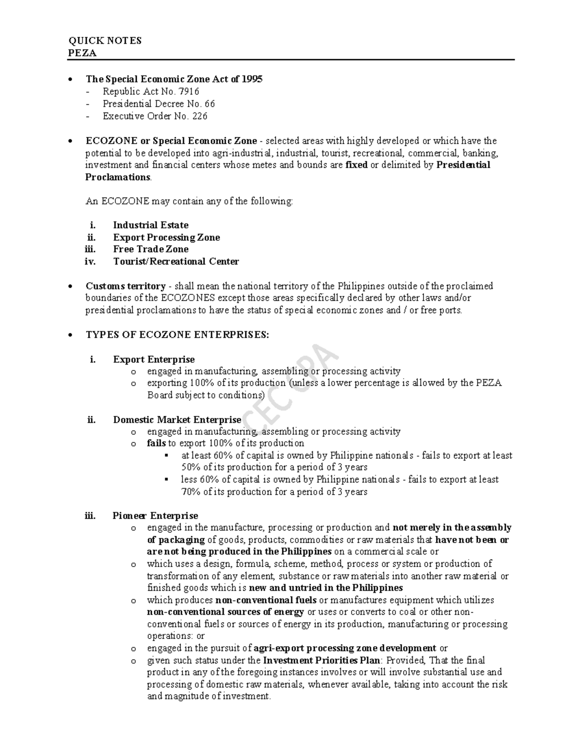 Quick Notes on PEZA: Special Economic Zone Act of 1995 - Studocu
