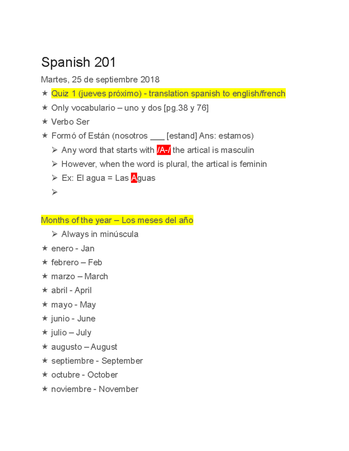 Spanish 201 - Quiz 1 notes - Spanish 201 Martes, 25 de septiembre 2018 ...