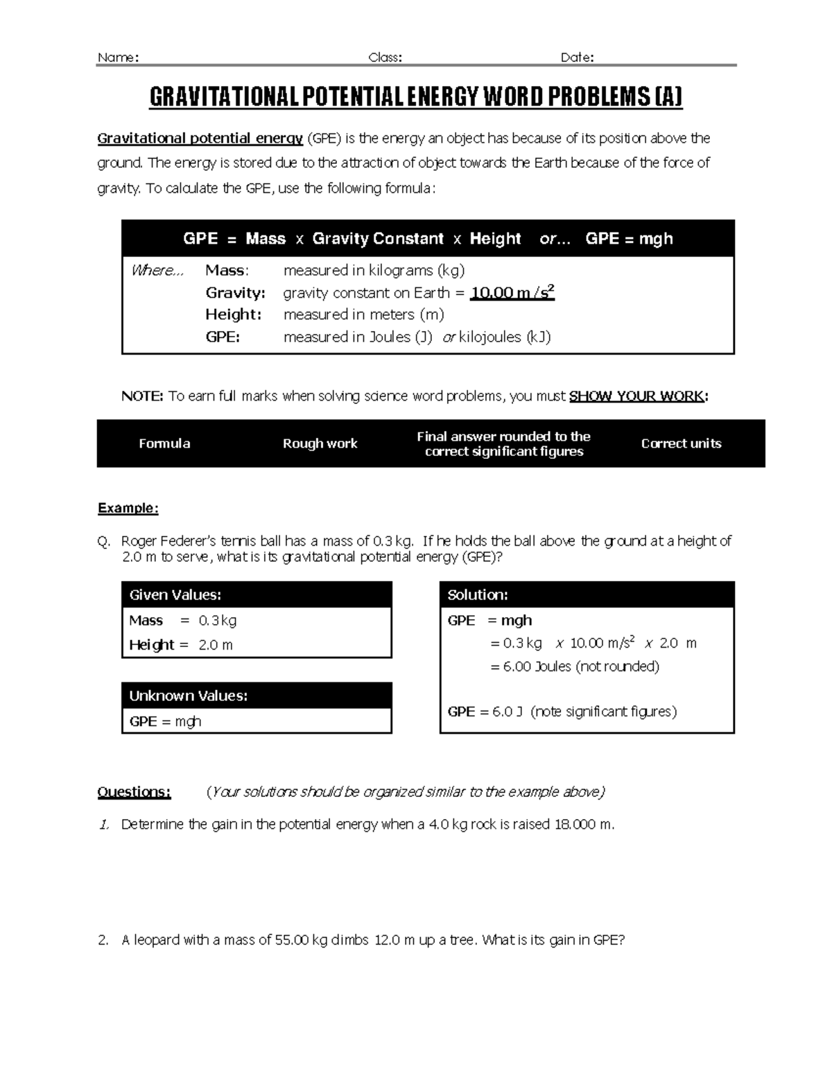 Gpe-word-problems - Lecture notes - Name: Class: Date: GRAVITATIONAL ...