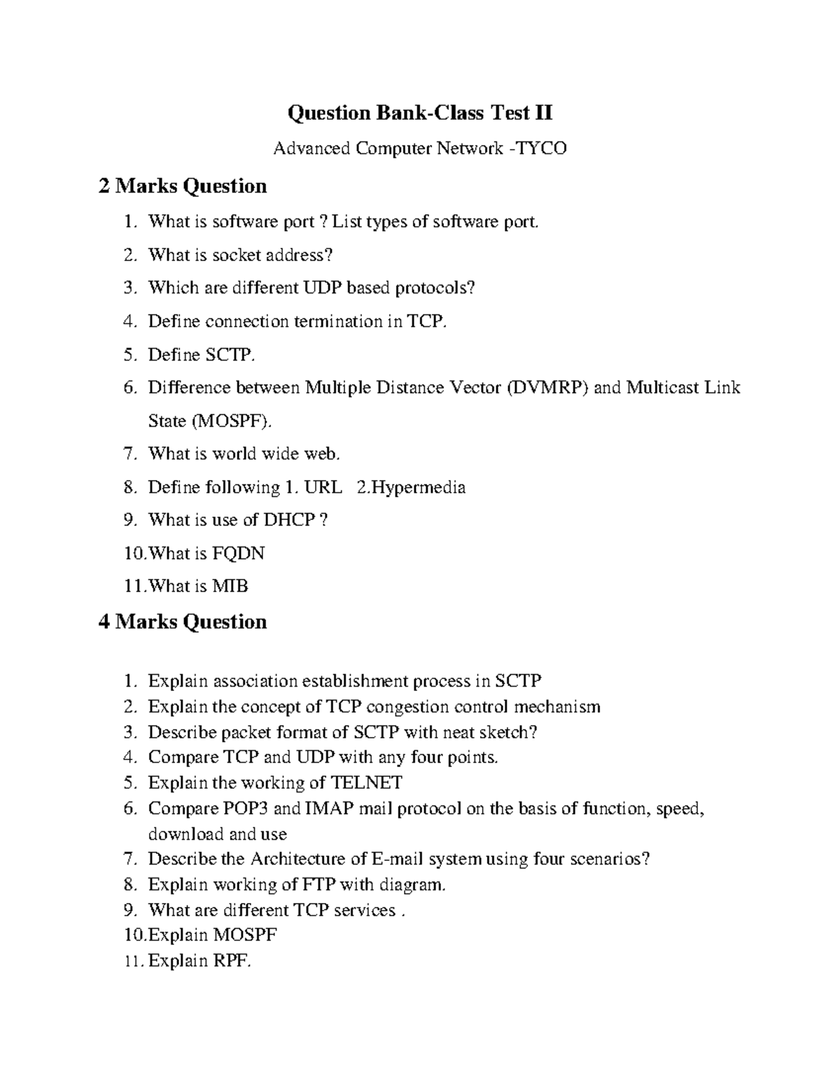 ACN Class TEST II Question BANK - Question Bank-Class Test II Advanced ...