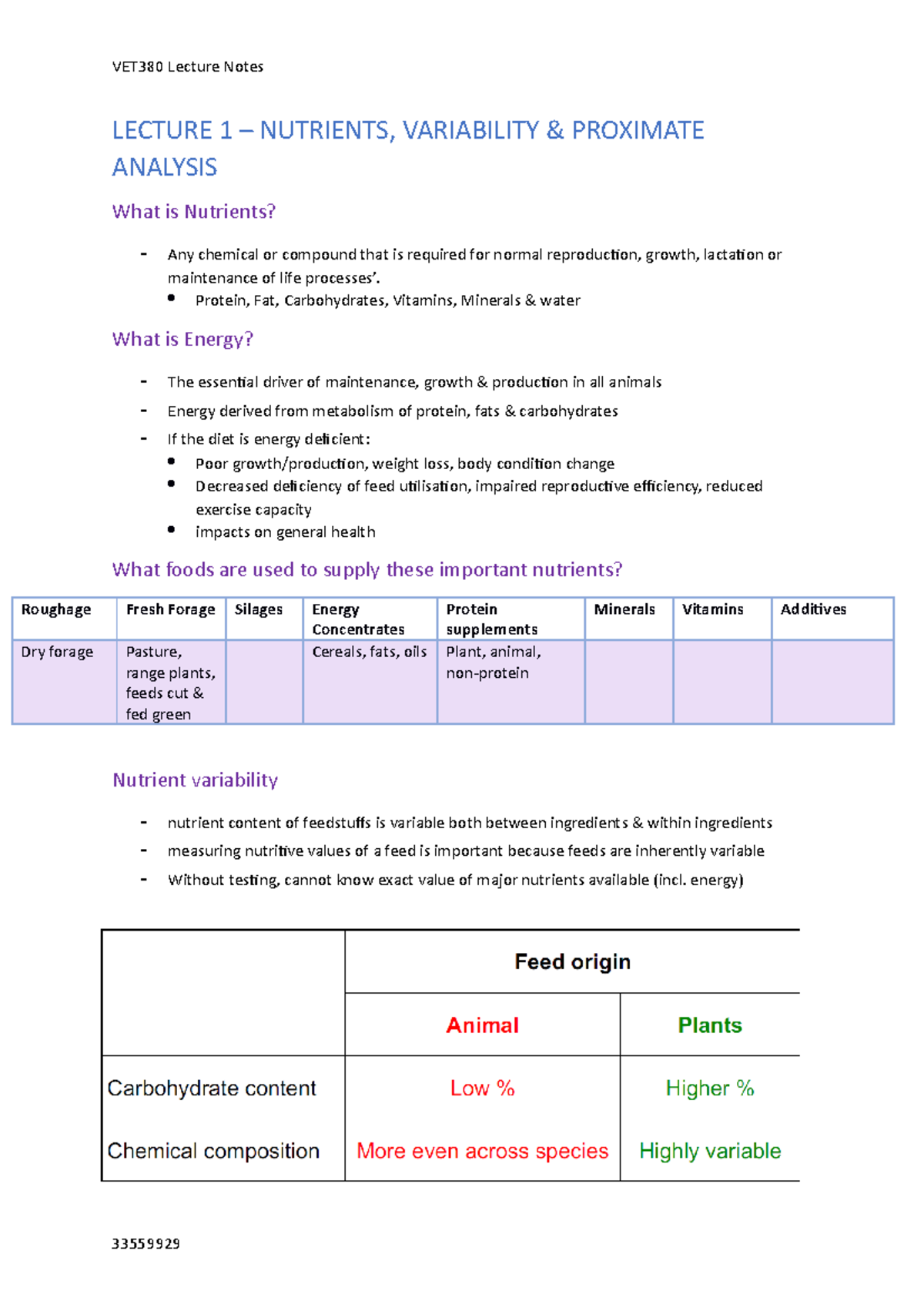 Lecture Notes - intro to nutrition/How to measure/ME/DE - LECTURE 1 ...