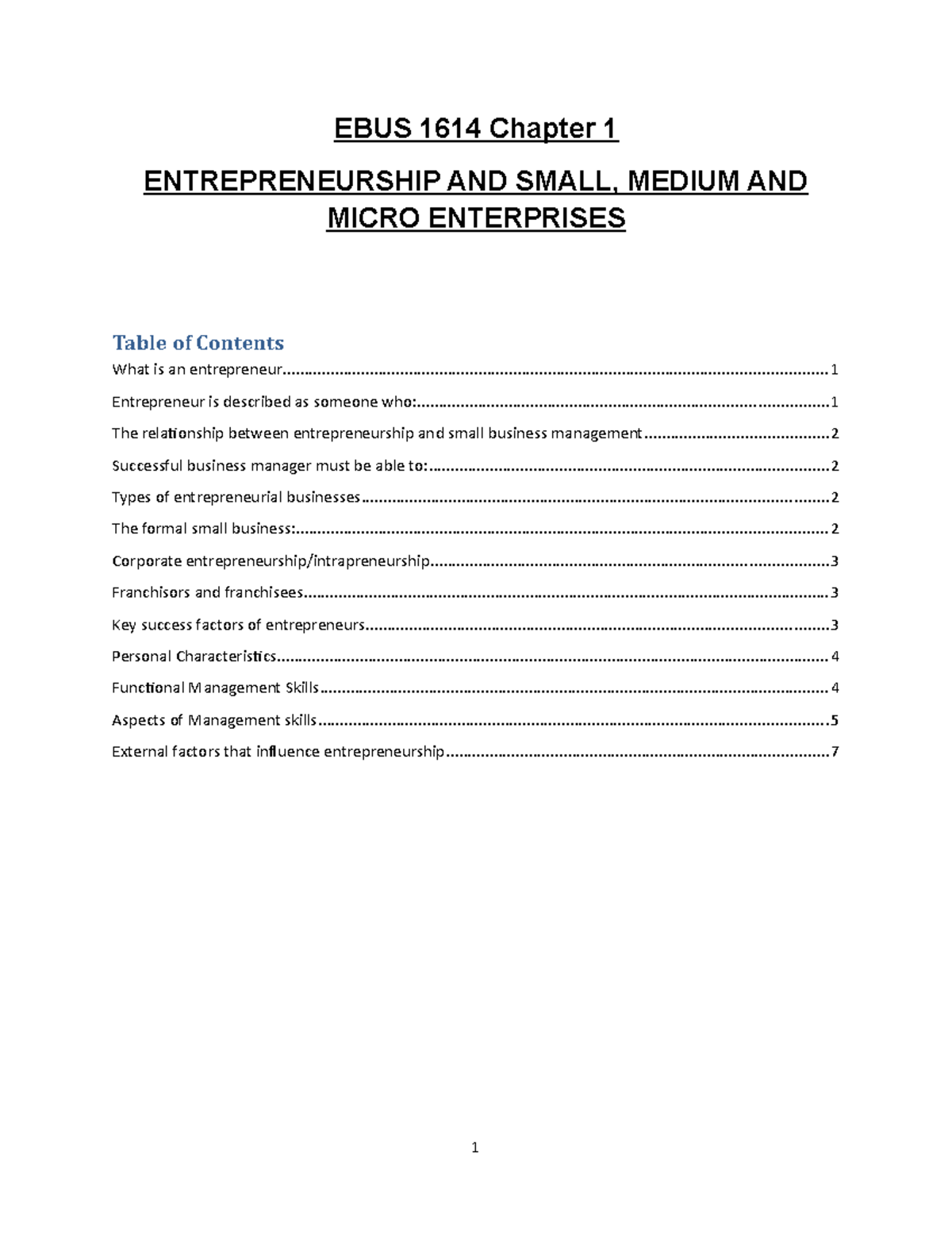Entrepreneurship chapt 1 - ENTREPRENEURSHIP AND SMALL, MEDIUM AND MICRO ENTERPRISES EBUS 1614 ...