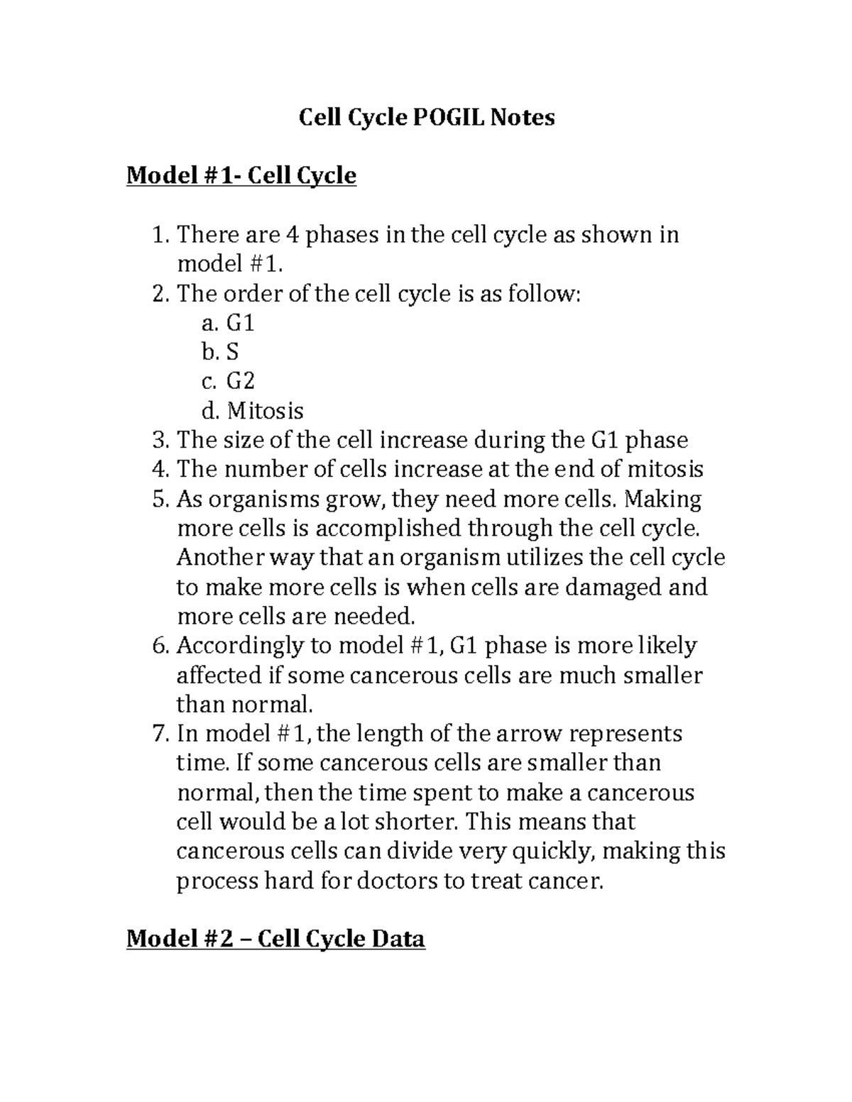Cell Cycle Pogil Answers - Cell Cycle POGIL Notes Model # 1 -­‐ Cell ...