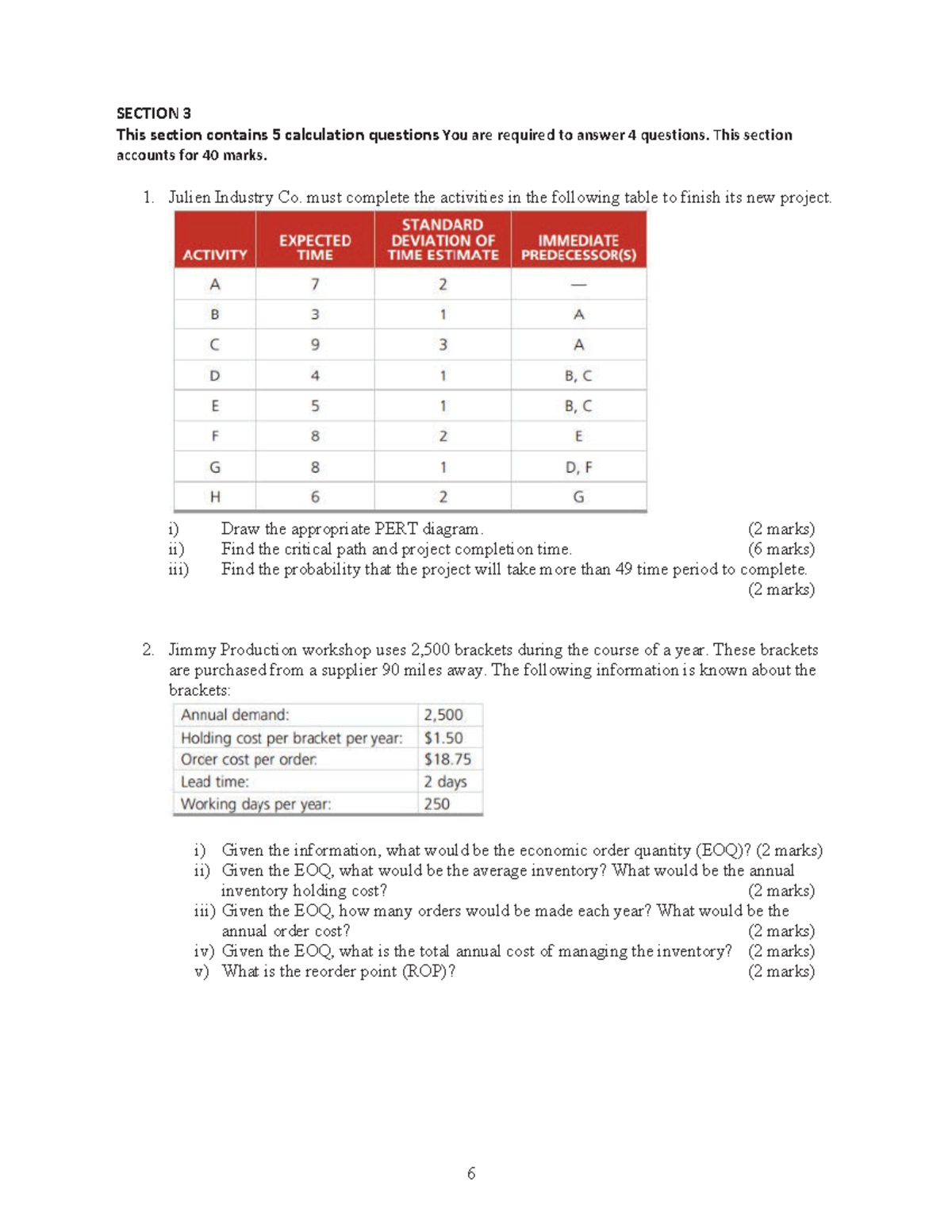 200 Practice Exam - 6 SECTION 3 This section contains 5 calculation ...