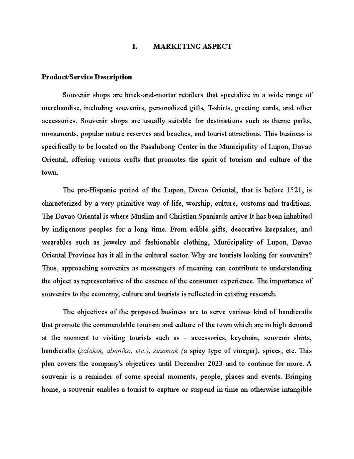 Marketing Aspect - This is a sample work - I. MARKETING ASPECT Product ...