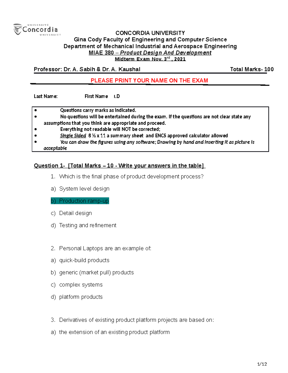 MIAE 380 Mid term - CONCORDIA UNIVERSITY Gina Cody Faculty of ...