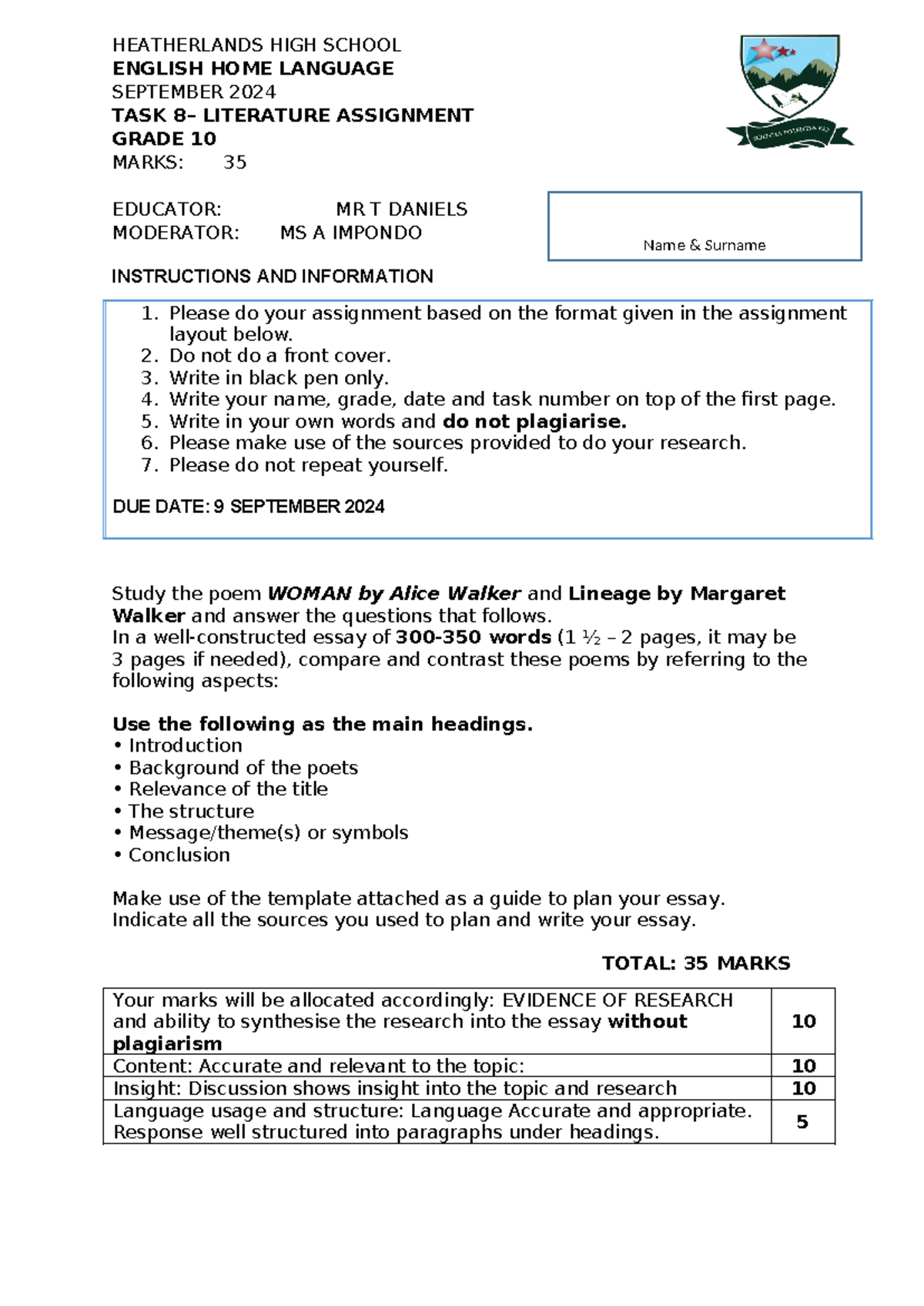 Grade 10 EHL September Literature TASK - HEATHERLANDS HIGH SCHOOL ...