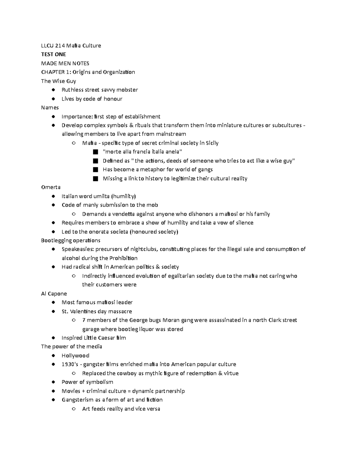 LLCU 214 Mafia Culture - Test one notes - LLCU 214 Mafia Culture TEST ...