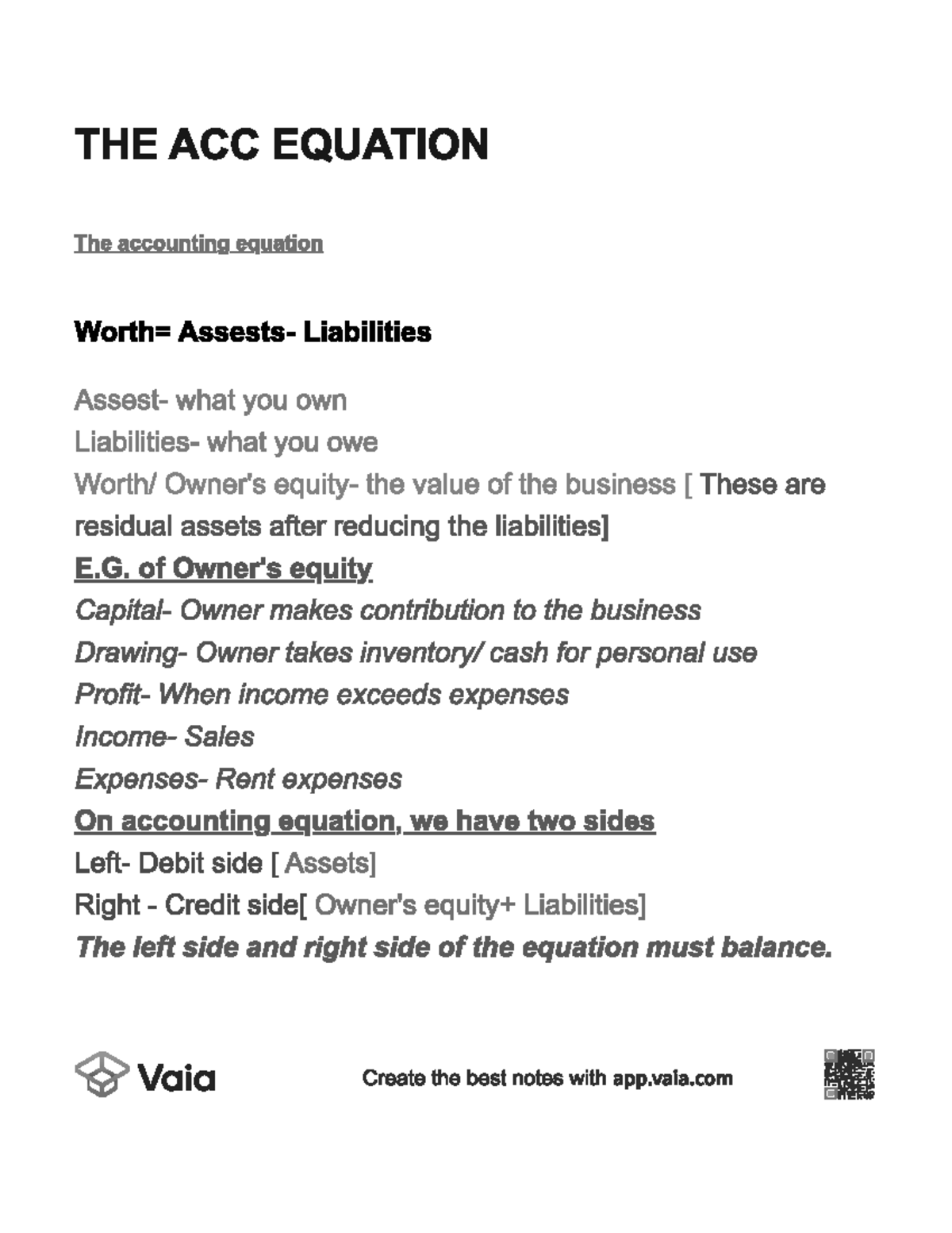 accounting equation - of equity Owner makes contribution to the ...