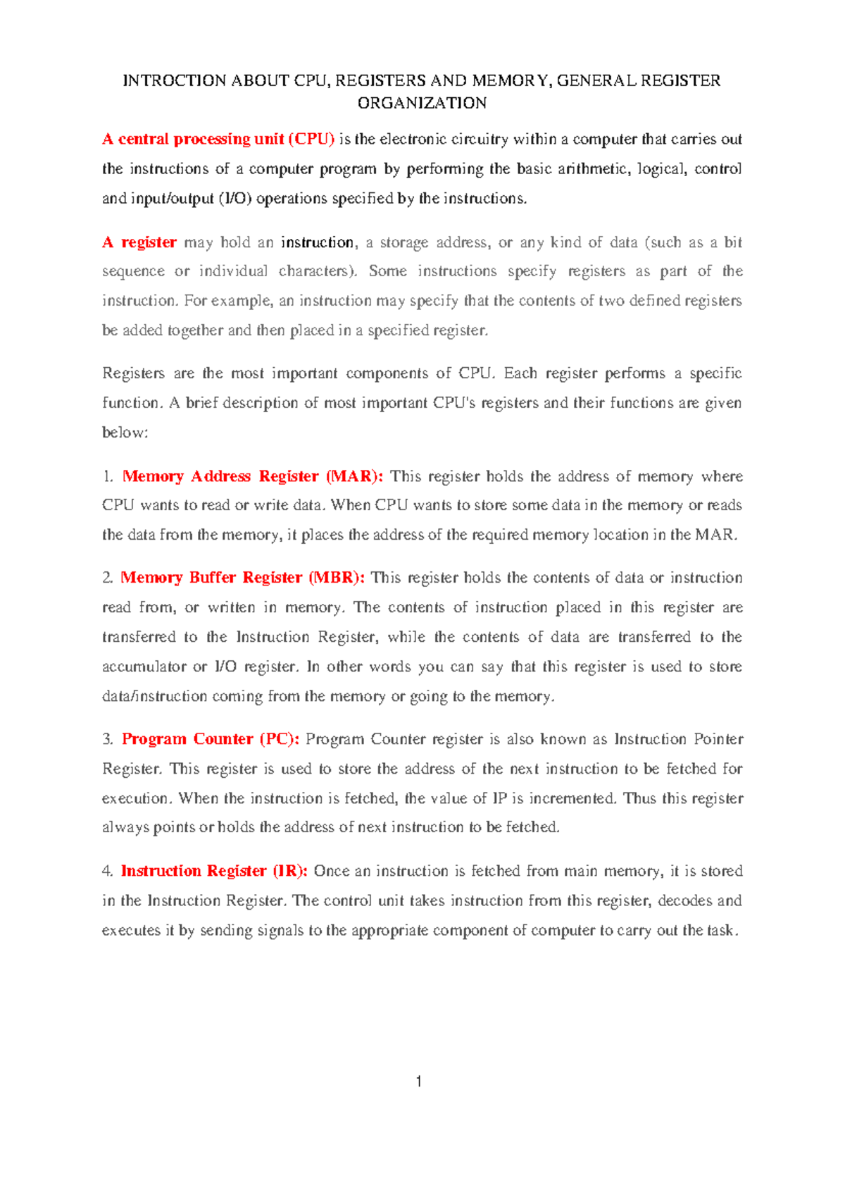 Central Processing Unit registers and memory general register ...