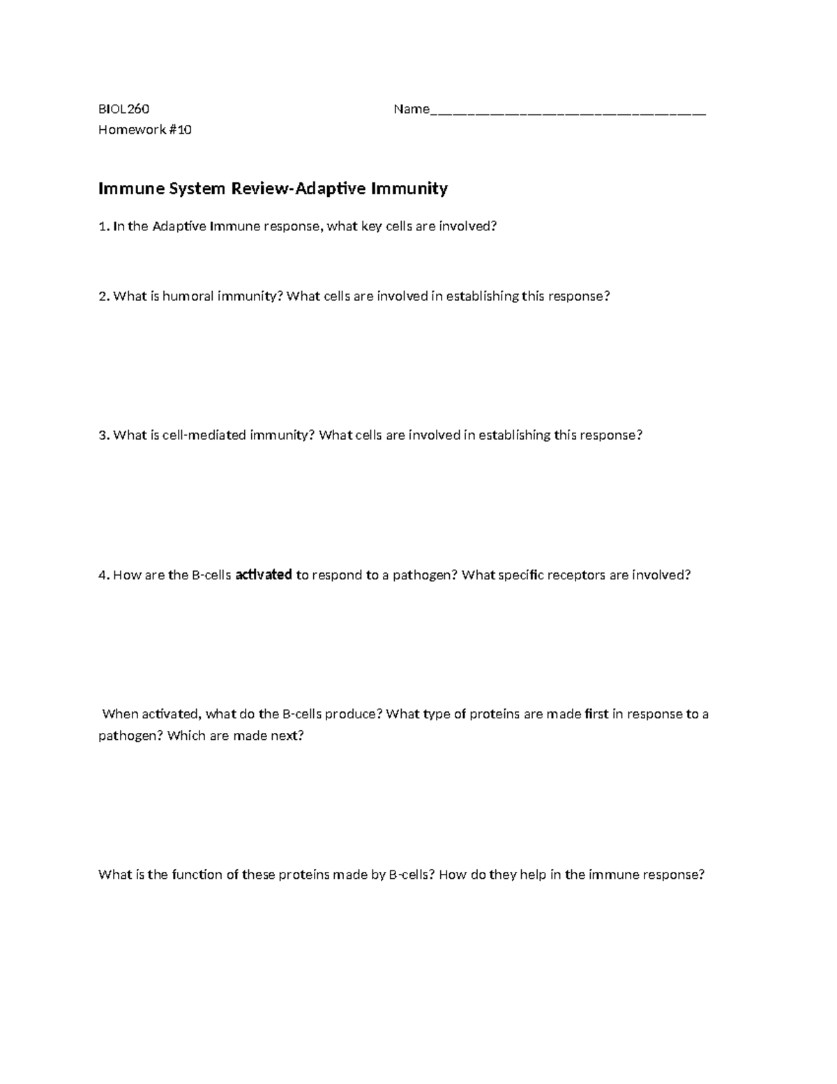 BIOL260HW#10(Adaptive Immune) - BIOL260 Name_____________________________________ Homework ...