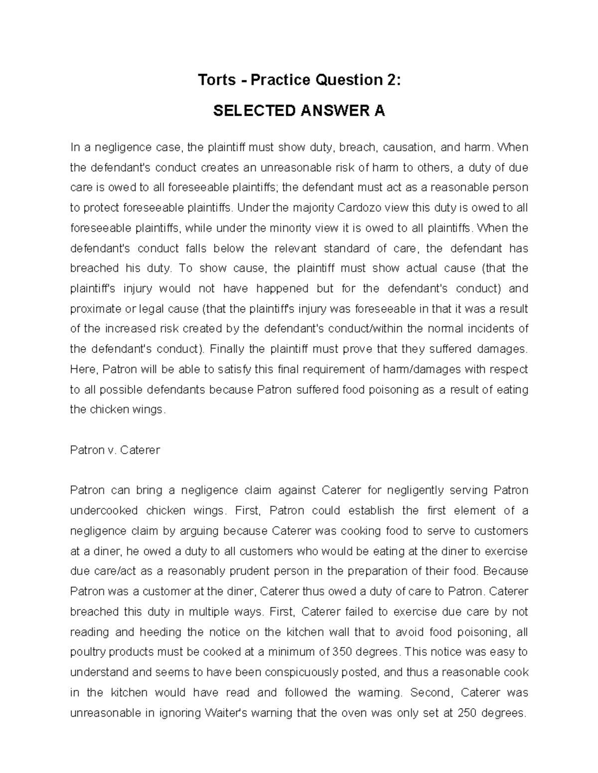 Torts practice answer - question 2 - Torts - Practice Question 2 ...