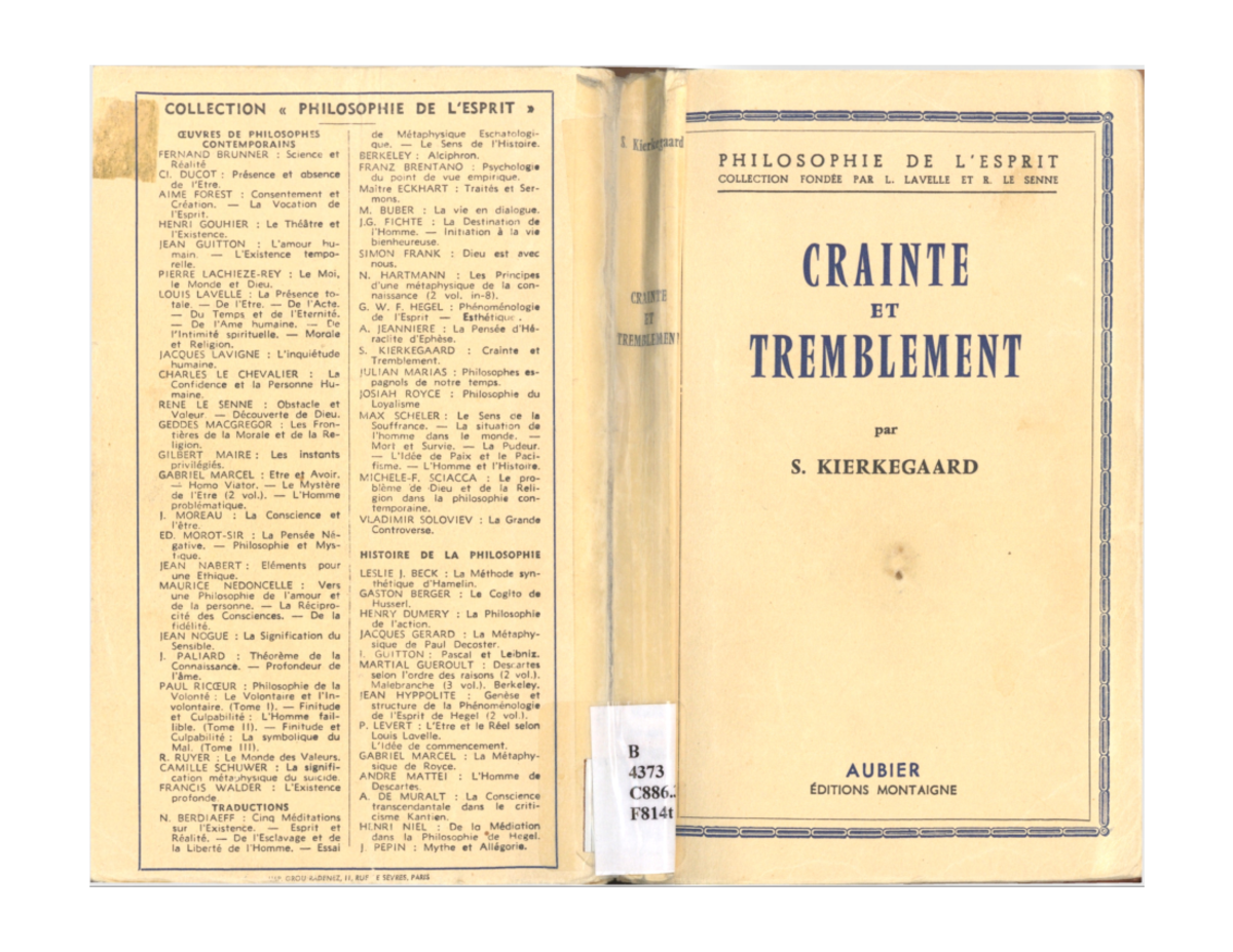 Crainte et tremblement 1 - P H I L O S O P H I E DE L ’ E S P R I T ...