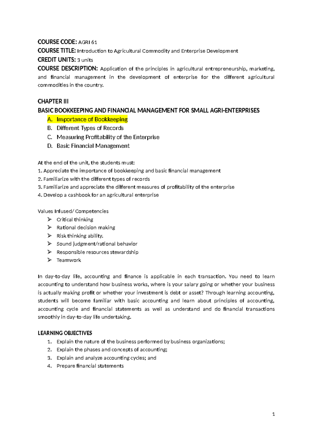 C3- Lesson-4 - COURSE CODE: AGRI 61 COURSE TITLE: Introduction to ...
