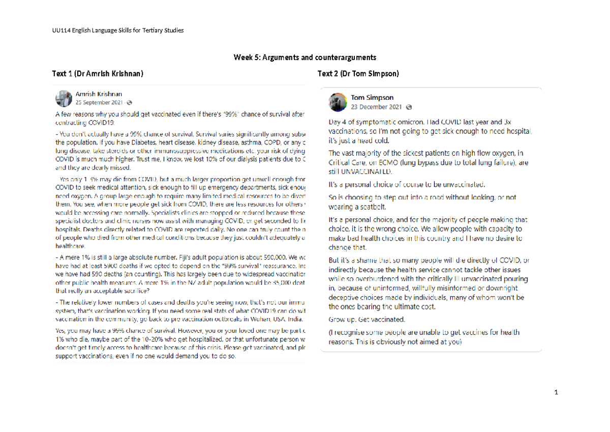 Week 5 Class 1 handout - Notes for week 5 on UU114 - Week 5: Arguments ...