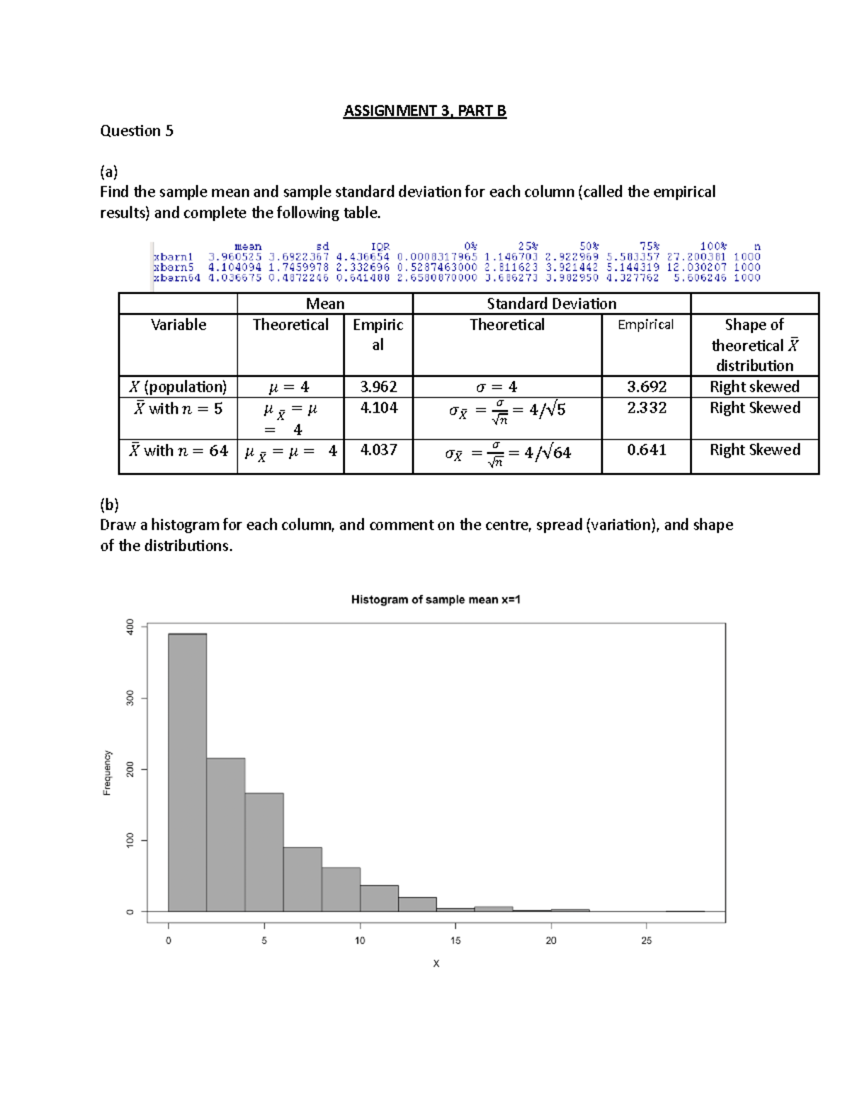 Assignment 3 Part B (Q5) - ASSIGNMENT 3, PART B Question 5 (a) Find the sample mean and sample ...