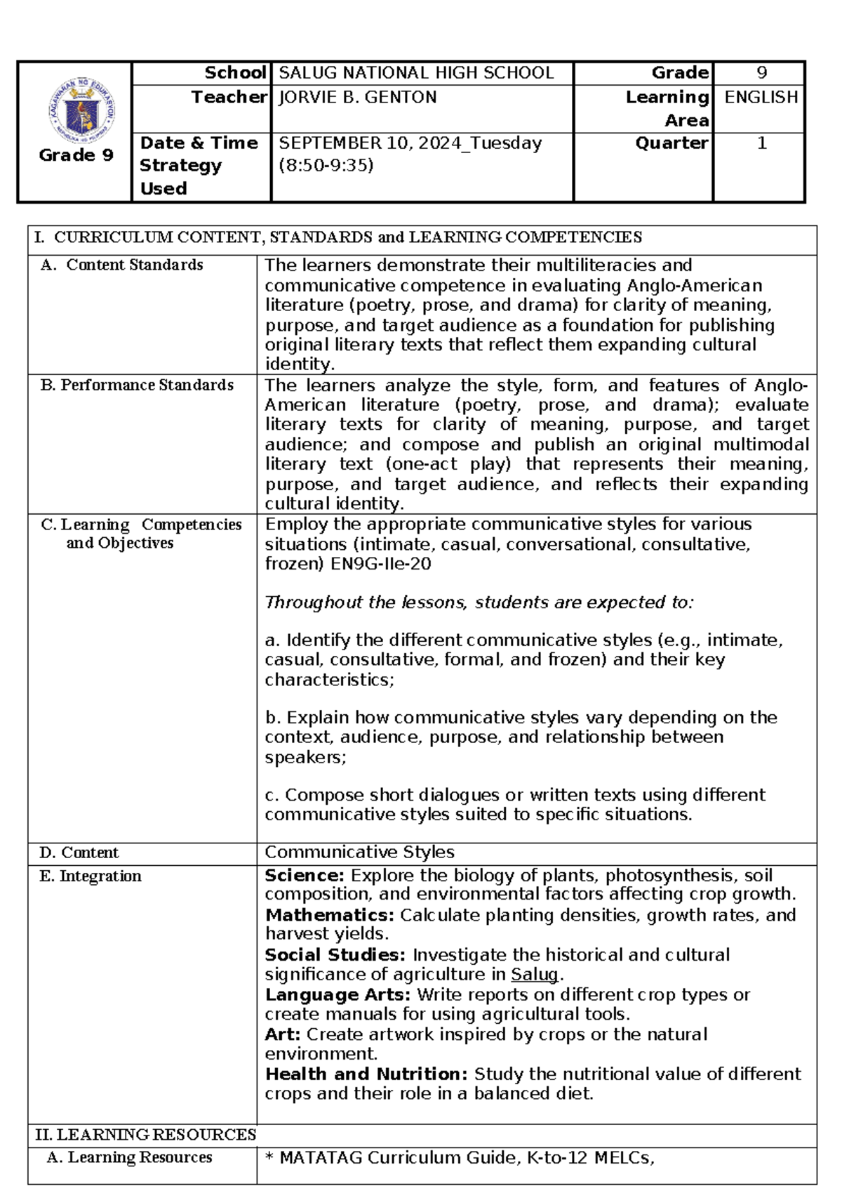 Lesson PLAN CO1 A.Y.2024-2025 English 9 Communicative Styles - I ...