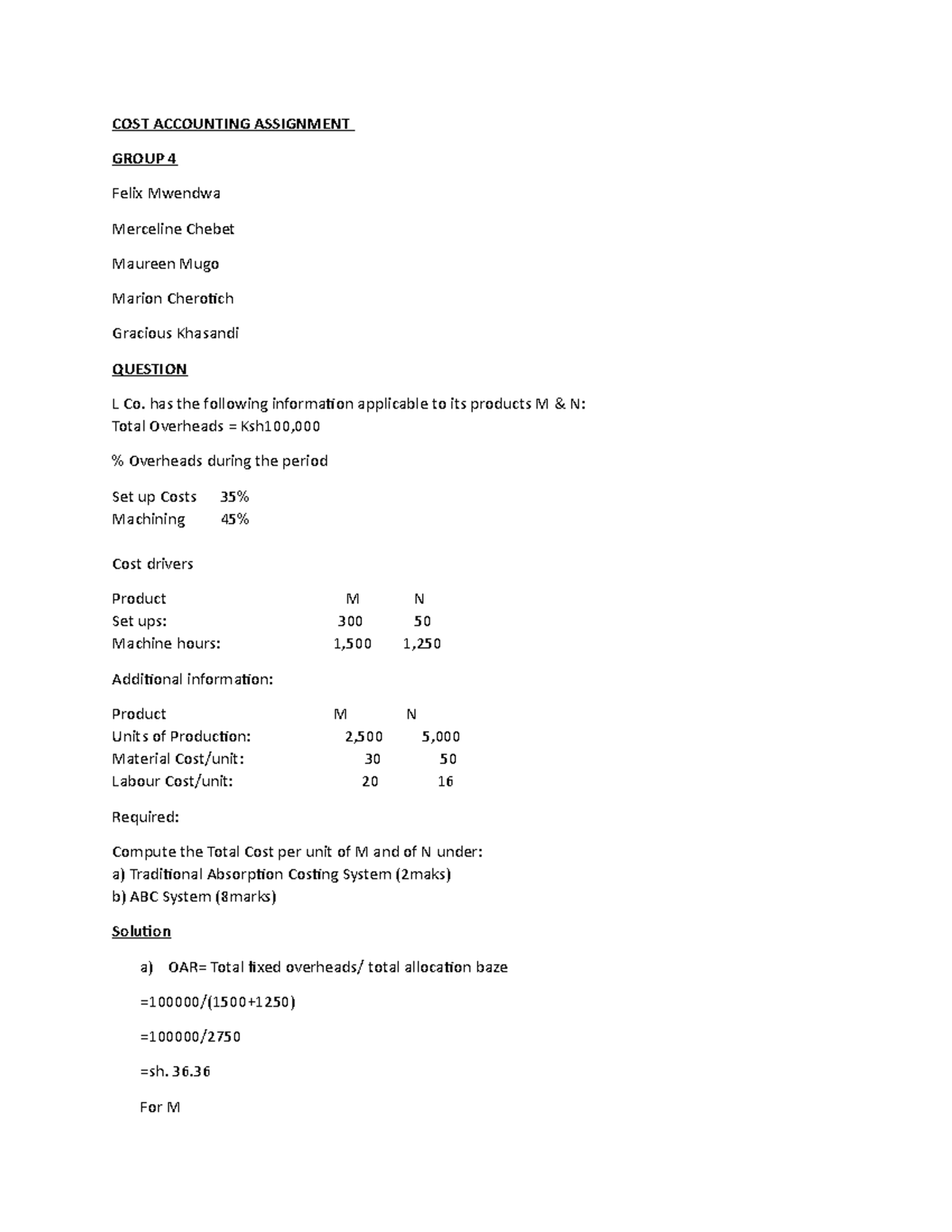 COST Accounting Assignment - COST ACCOUNTING ASSIGNMENT GROUP 4 Felix ...