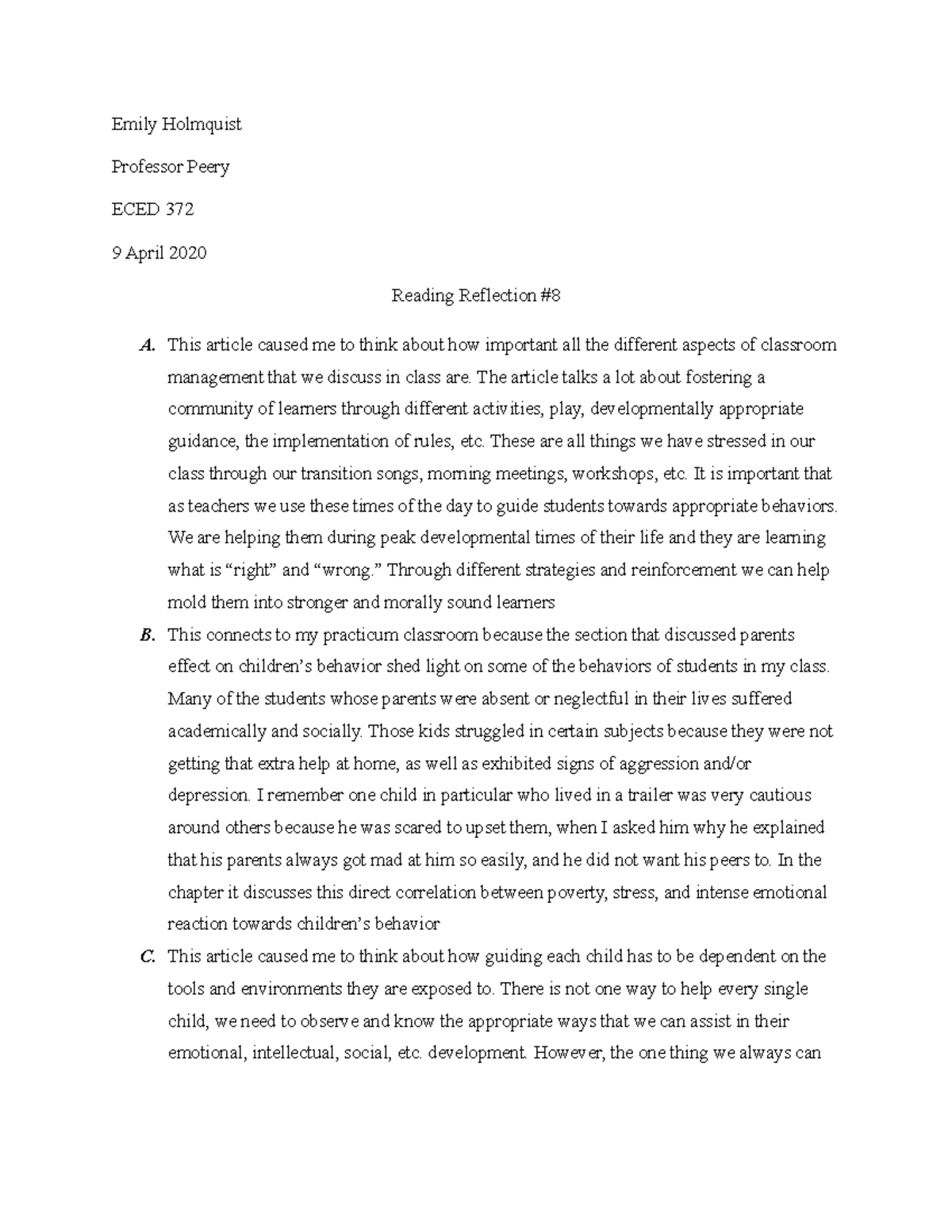 ECED RR 8 - reading reflection - Emily Holmquist Professor Peery ECED ...