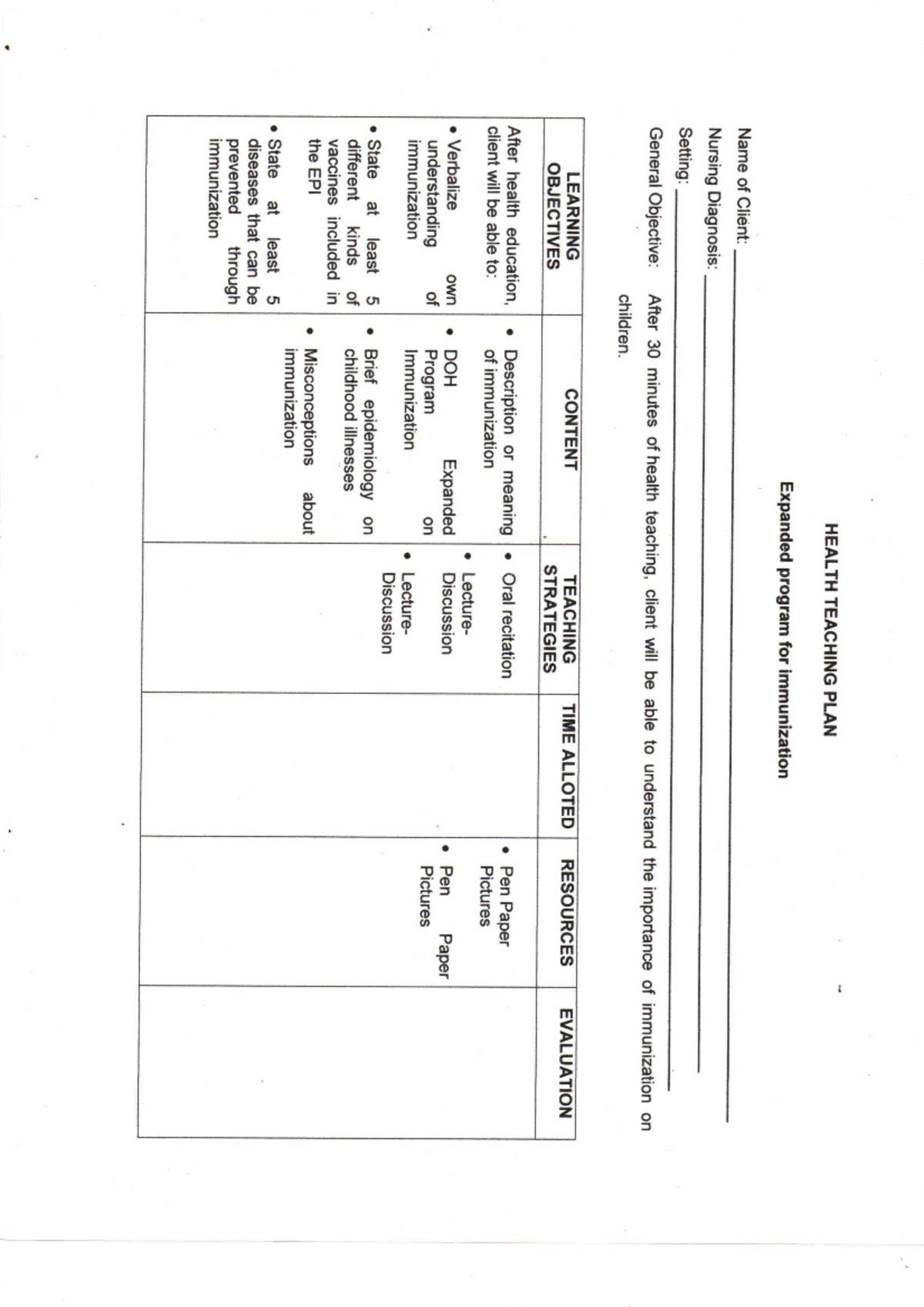 Health teaching plan format - HEALTH TEACHING PLAN Expanded program for ...