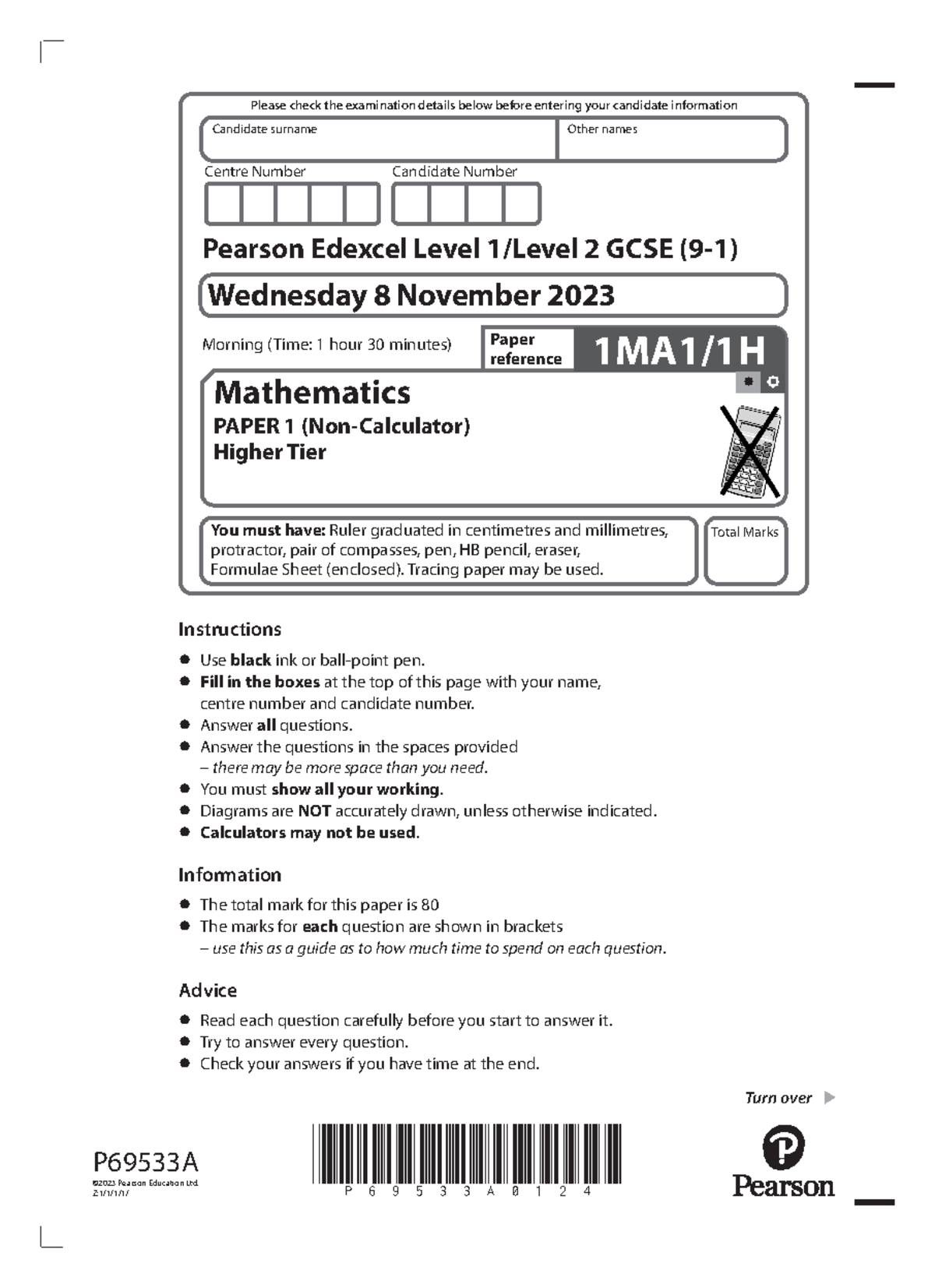 04a 1MA1 1H November 2023 examination paper - P69533A0124 Turn over ...