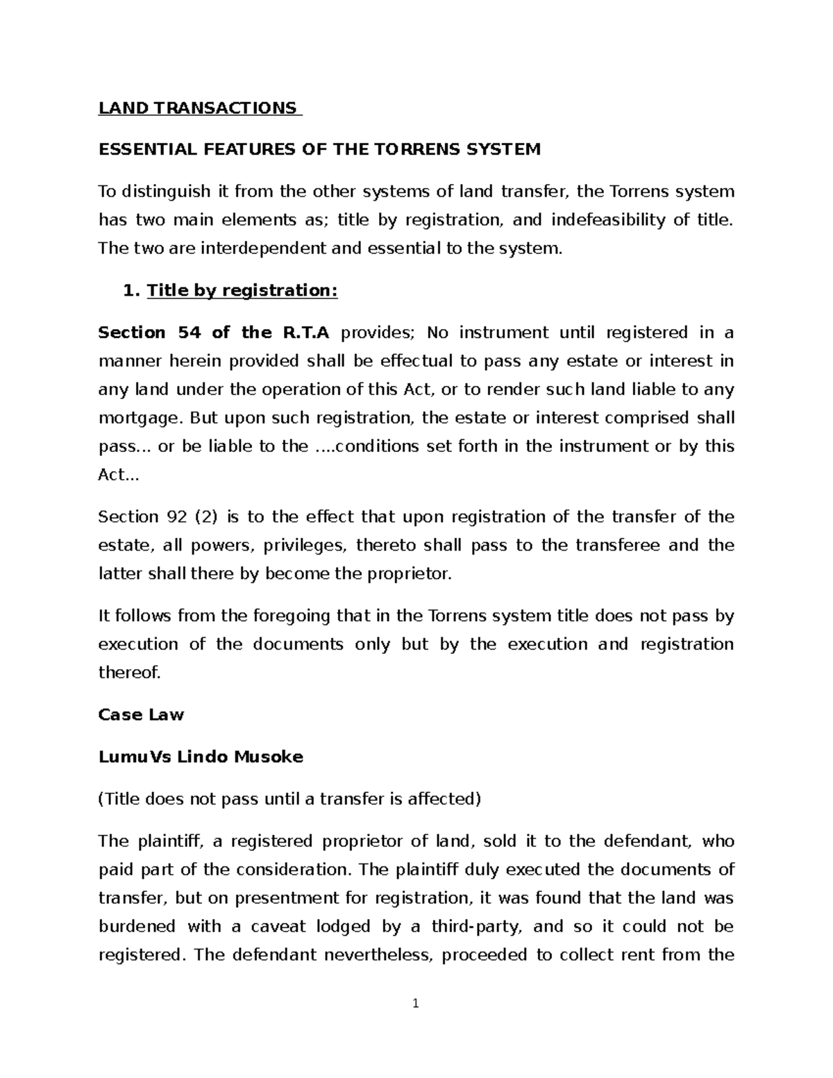 Land Law II-Lecture notes - LAND TRANSACTIONS ESSENTIAL FEATURES OF THE ...