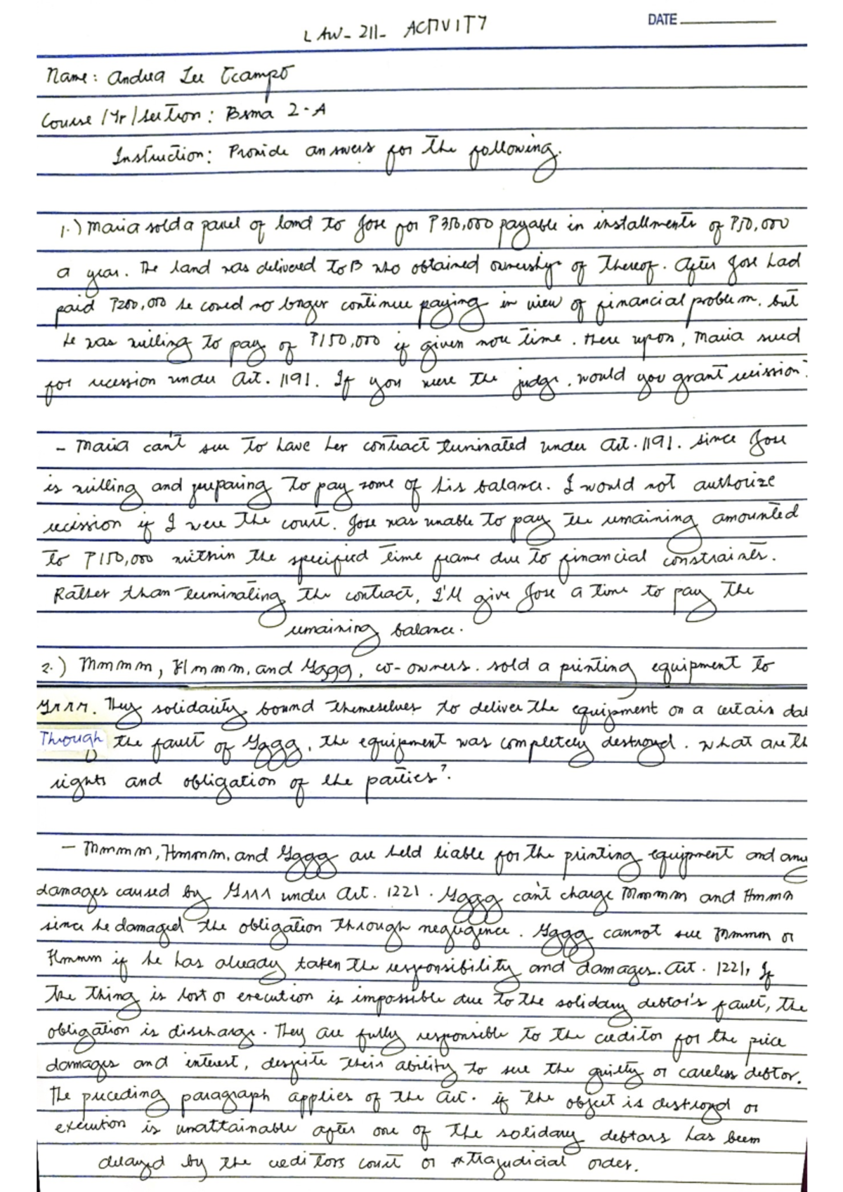 Ocampo Law 211 Activity - Obligations and Contracts - Studocu