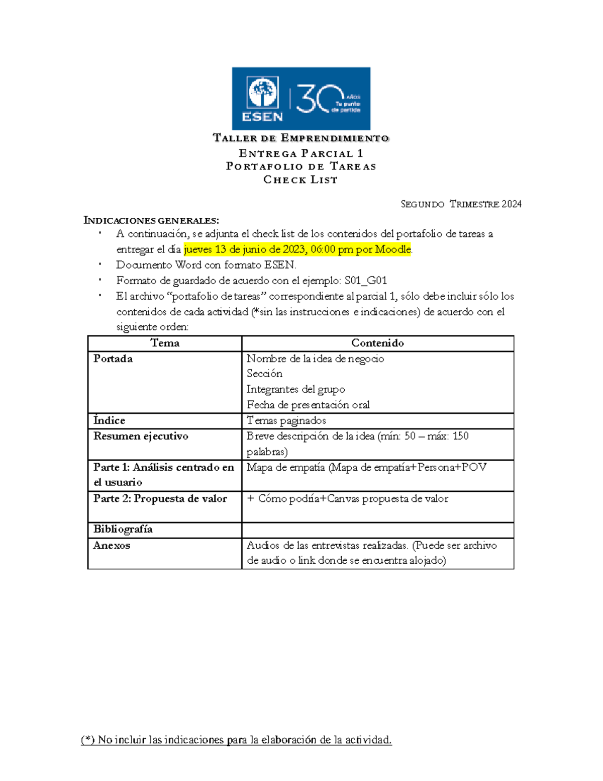 Check list Portafolio de tareas Parcial 1 - (*) No incluir las ...