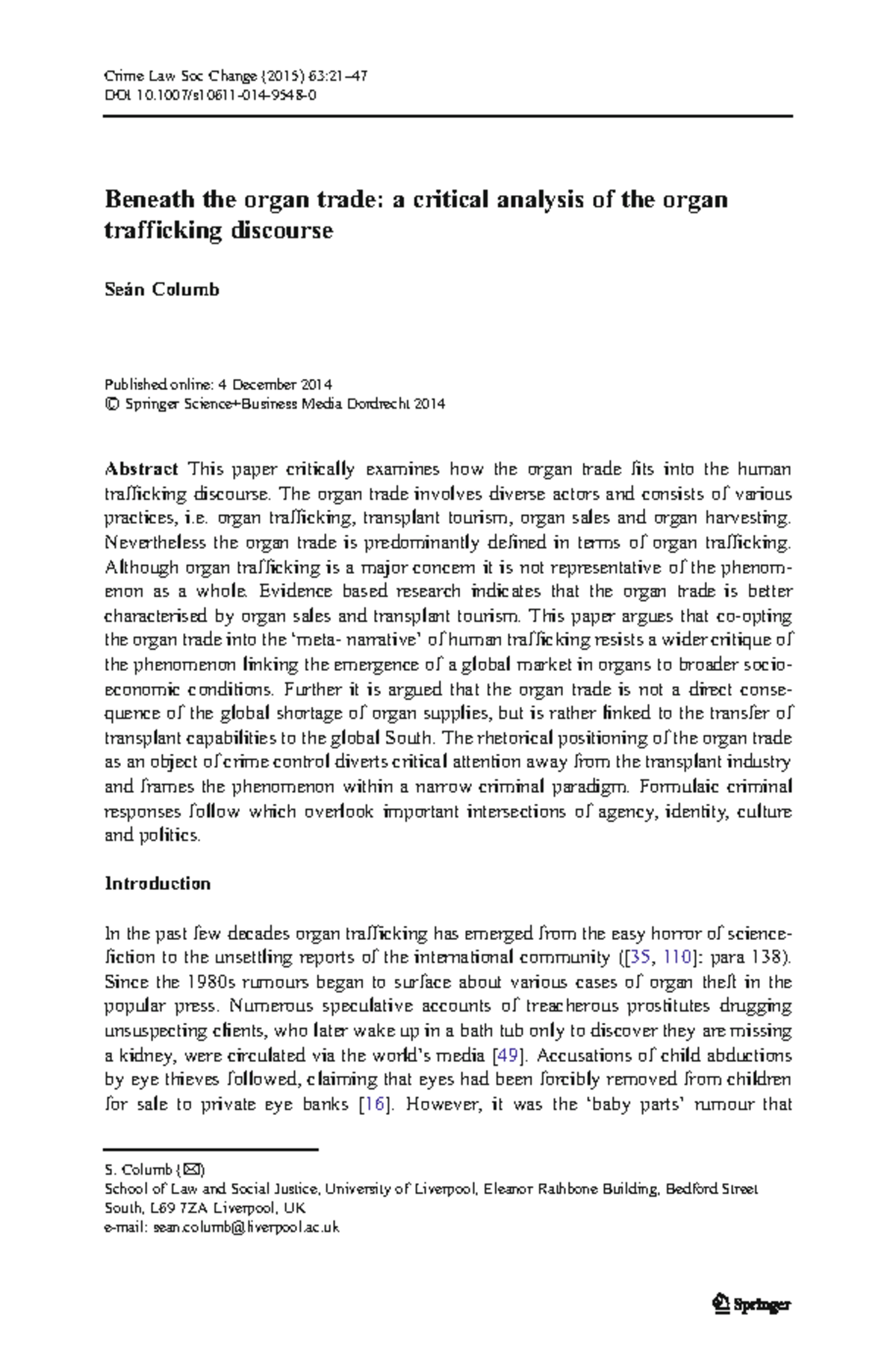 Beneath the organ trade: a critical analysis of the organ trafficking ...