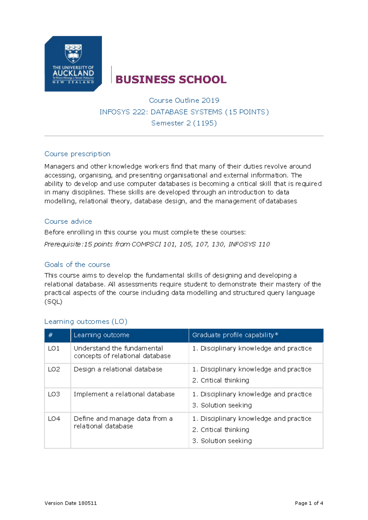 Infosys 222 - Outline - Course Outline 2019 INFOSYS 222: DATABASE ...
