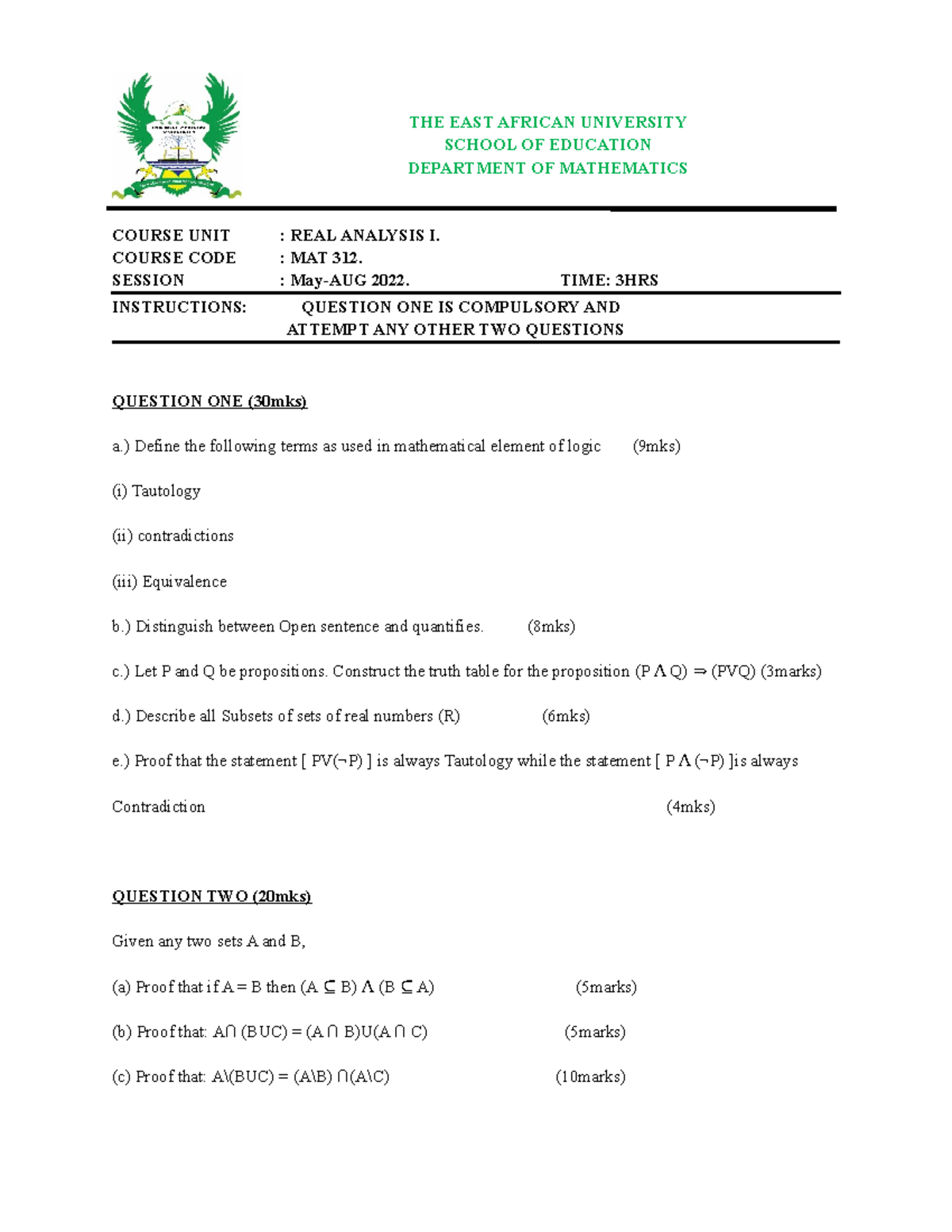 Real Analysis Exams - Sample exam paper - THE EAST AFRICAN UNIVERSITY ...