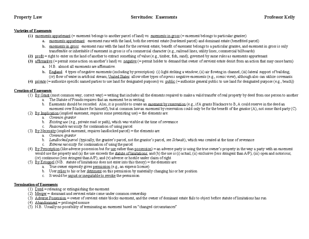 Chart on Servitudes (Easements and Covenants) - Property Law Servitudes ...