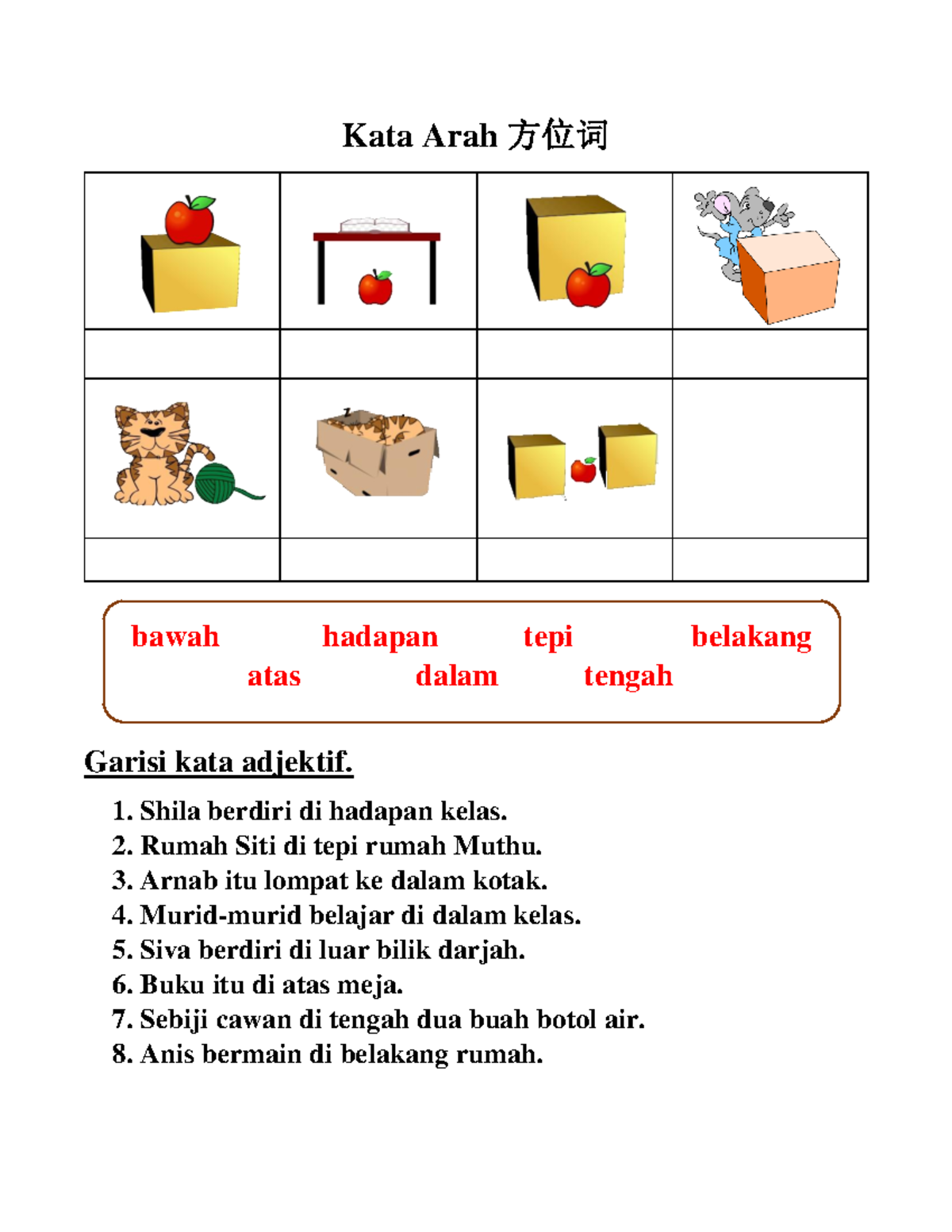 Kata Arah - bahasa melayu kssr - 1. Shila berdiri di hadapan kelas. 2 ...