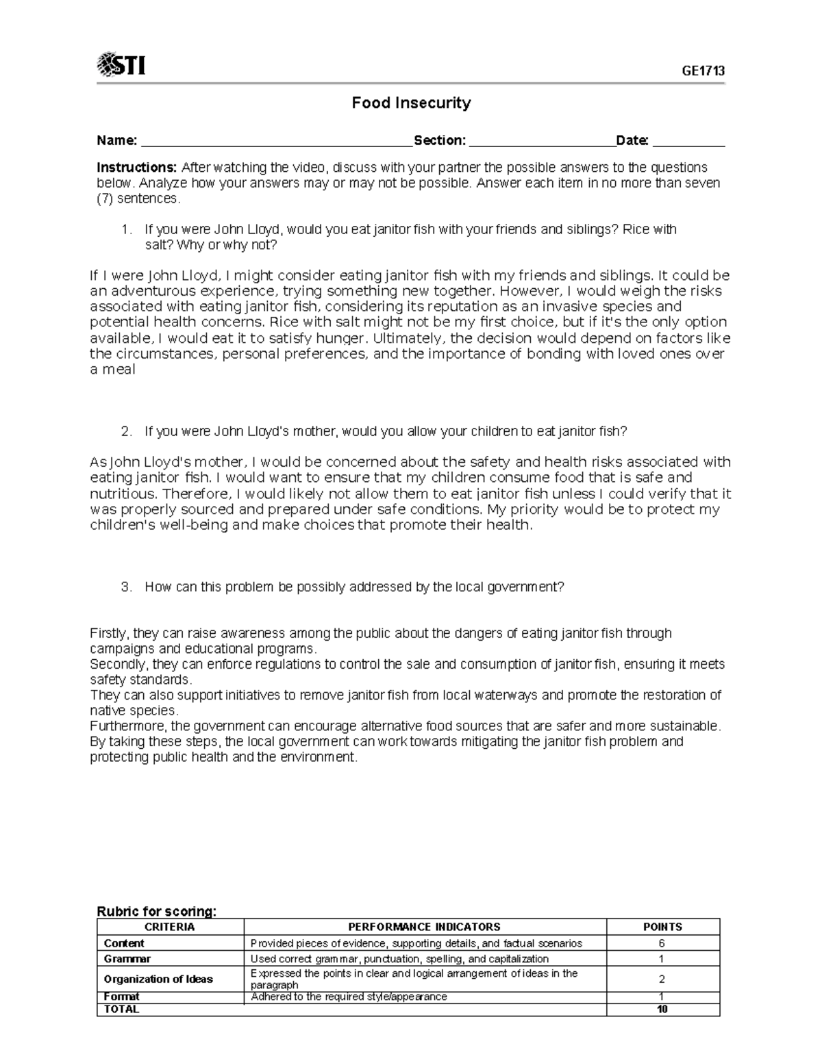 08 Worksheet 1 - GE Food Insecurity Name: Section: Date: Instructions ...