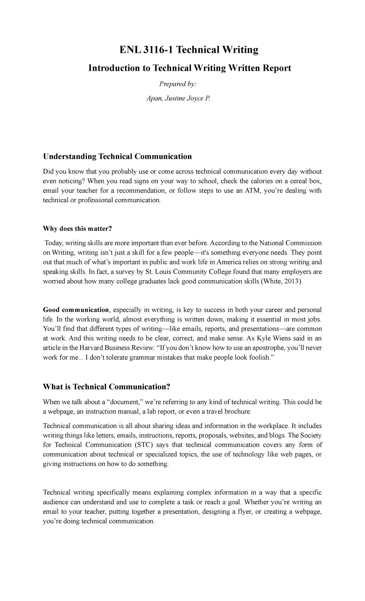 ENL 3116 Written Report - ENL 3116-1 Technical Writing Introduction to ...