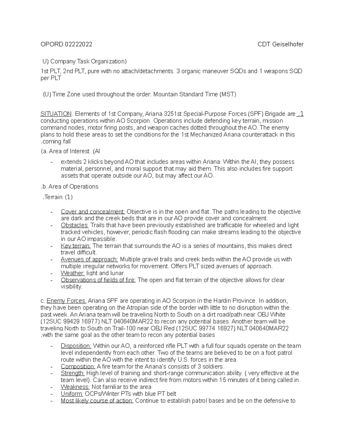 Practice Opord CDT G - OPORD 02222022 CDT Geiselhofer U) Company Task ...