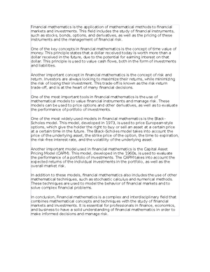 One topic within financial mathematics is the use of Monte Carlo ...