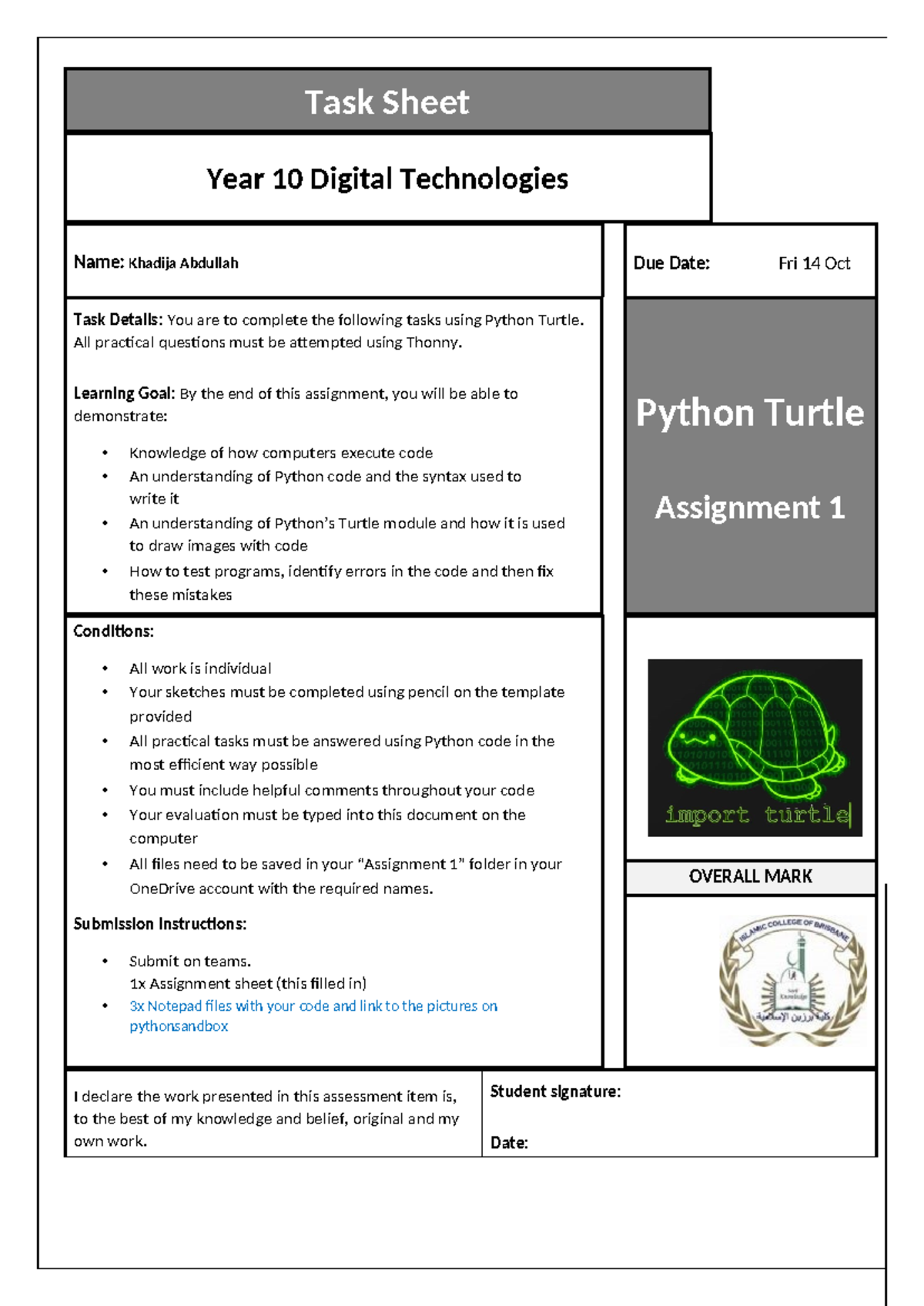 10 DT Python Turtle Assignment 1 - khadija - Task Sheet Year 10 Digital Technologies Name ...