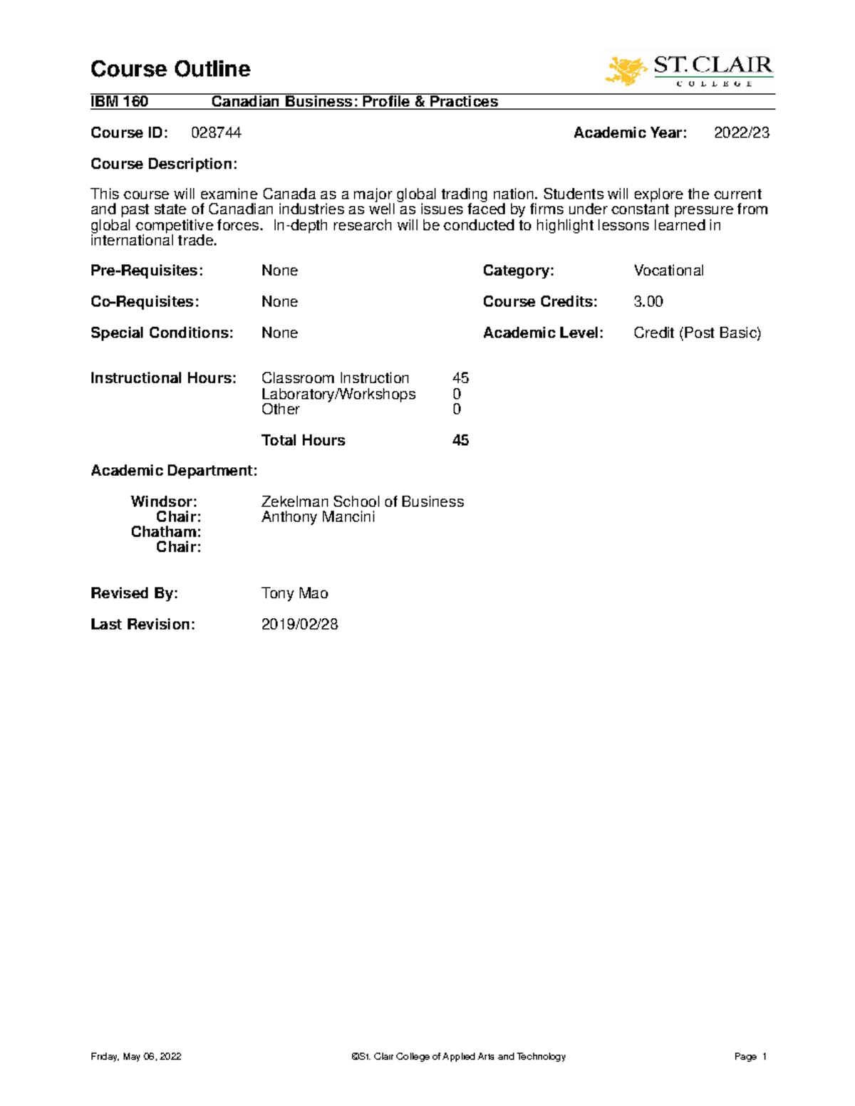 IBM160 - Course Outline - Course ID: 028744 Academic Year: 2022/ Course ...