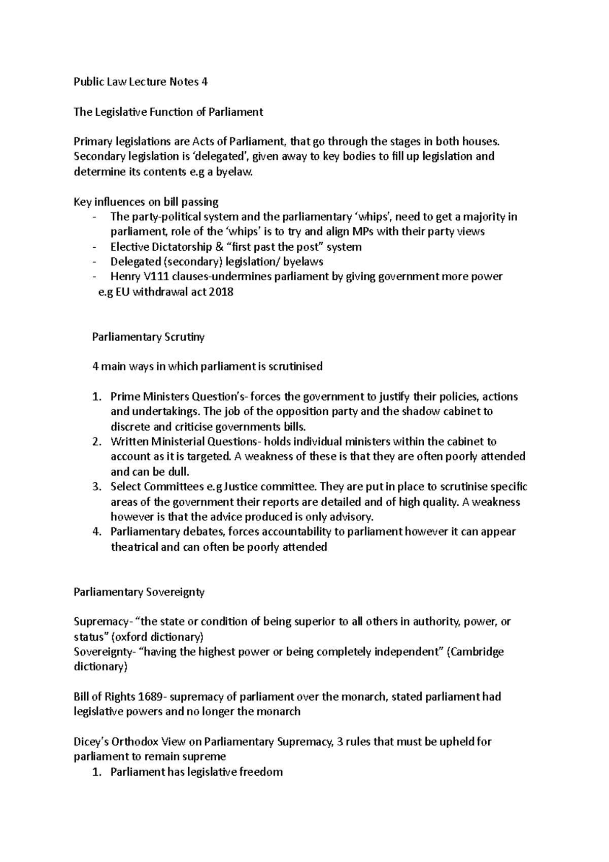 Public Law Lecture Notes 4 Secondary Legislation Is ‘delegated Given Away To Key Bodies To