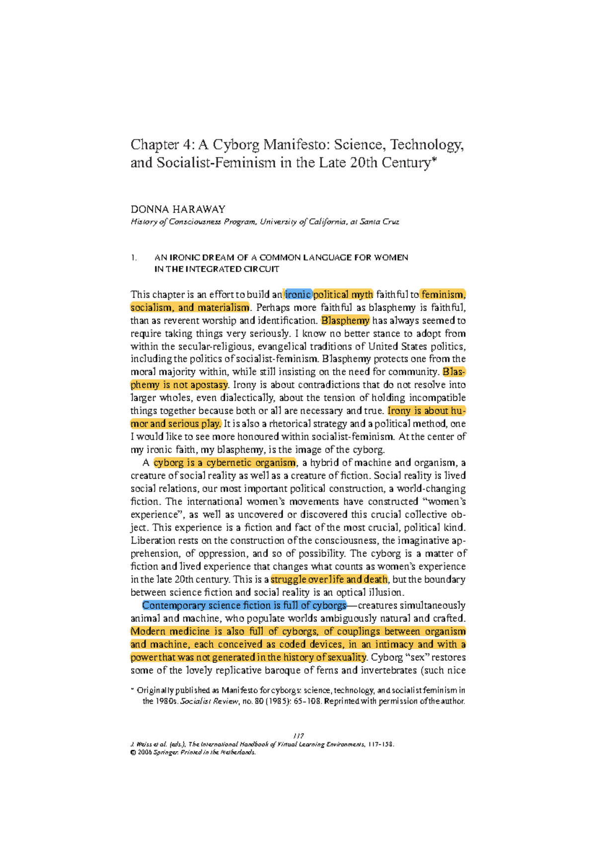 Haraway Cyborg Manifesto highlighted with notes - Chapter 4: A Cyborg ...
