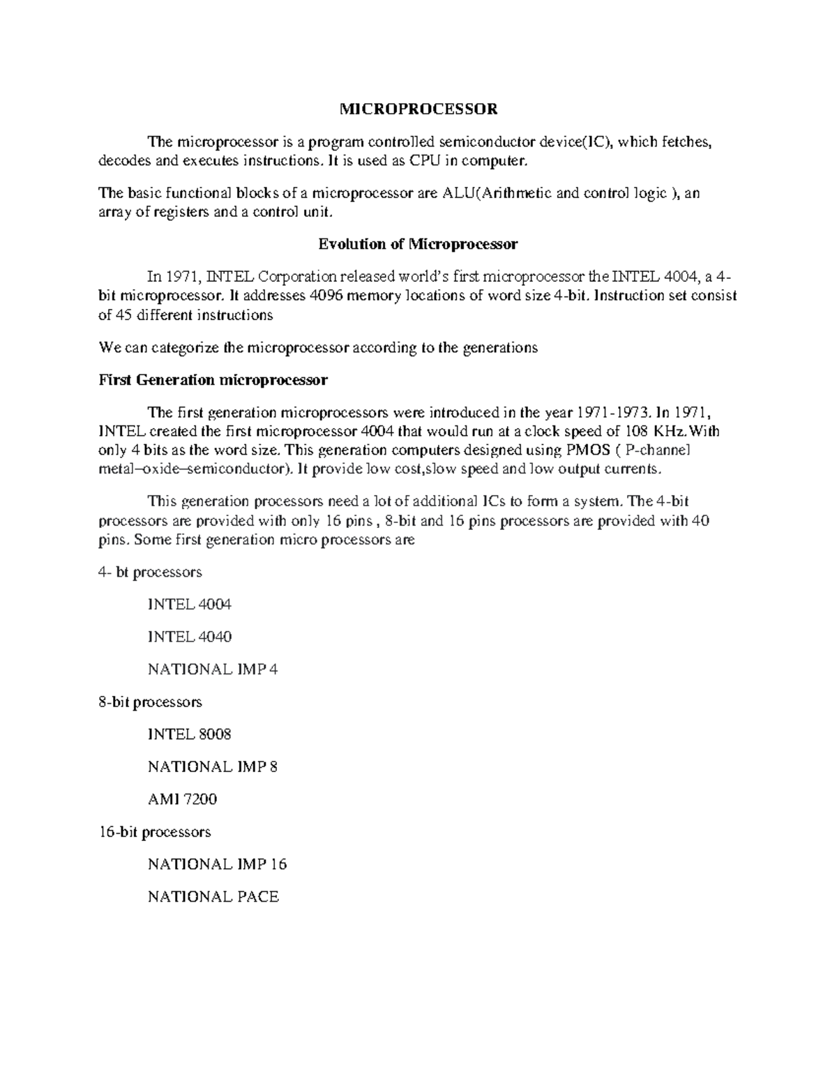 MP gen notes - MICROPROCESSOR The microprocessor is a program ...