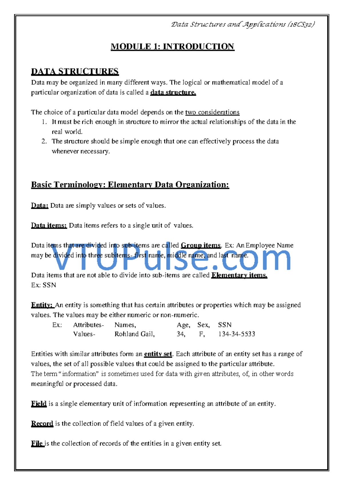 Module 1 Dsa Notes Vtupulse Module 1 Introduction Data Structures Data May Be Organized In
