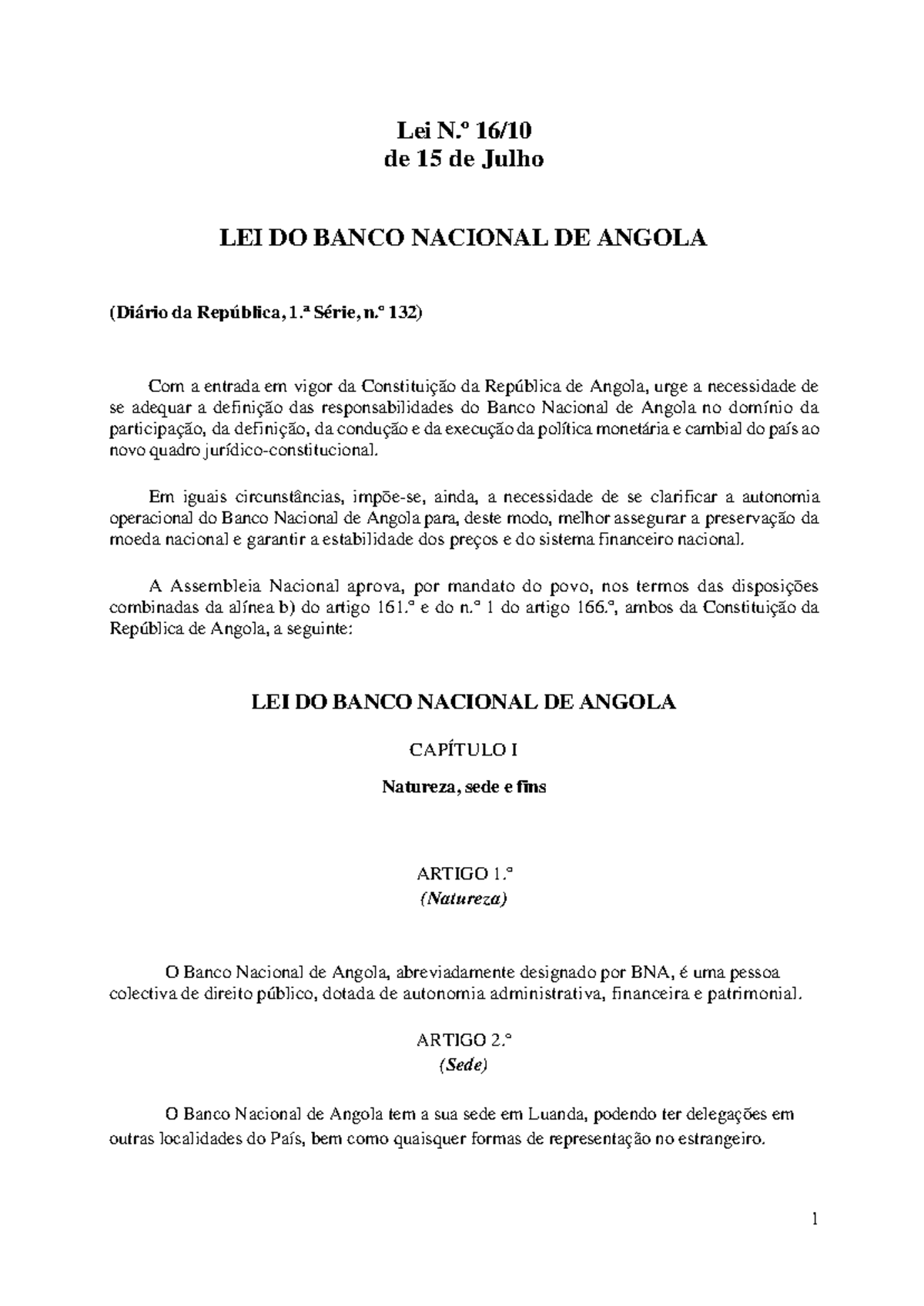 Lei do BNA - Lei que regula o regimento do banco nacional de Angola ...
