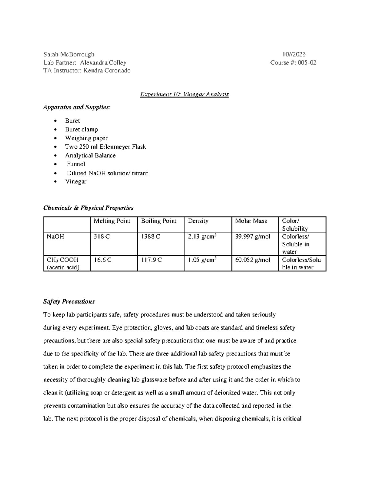 Experiment 10 - Lab Report - Sarah McBorrough 10// Lab Partner: Alexandra Colley Course #: 005 ...