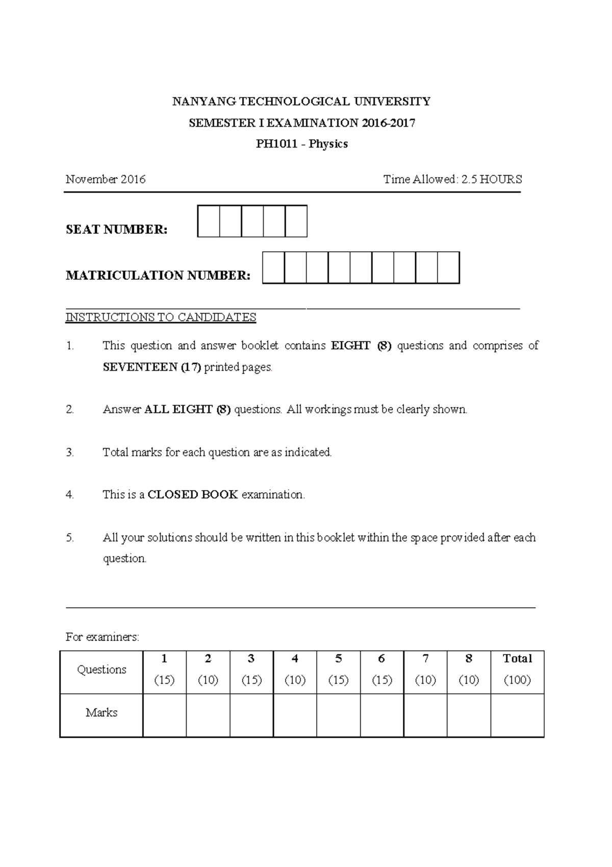 Physics test paper - NANYANG TECHNOLOGICAL UNIVERSITY SEMESTER I ...