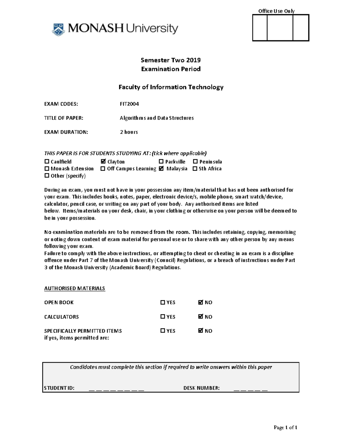 # FIT2004 2019 sem02 exam sols - Page 1 of 1 Office Use Only Semester ...