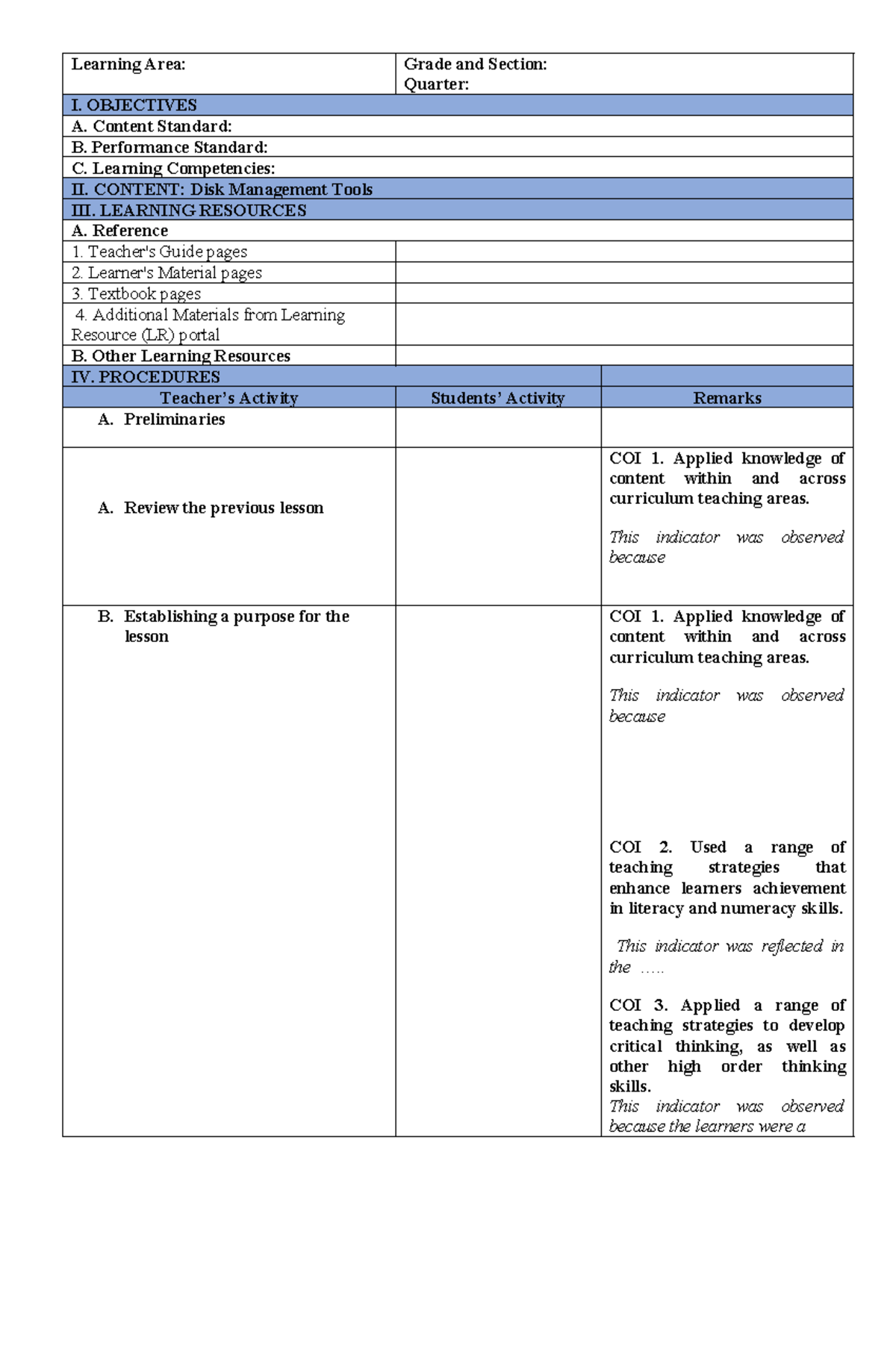 DLP-123 - Learning Area: Grade and Section: Quarter: I. OBJECTIVES A ...