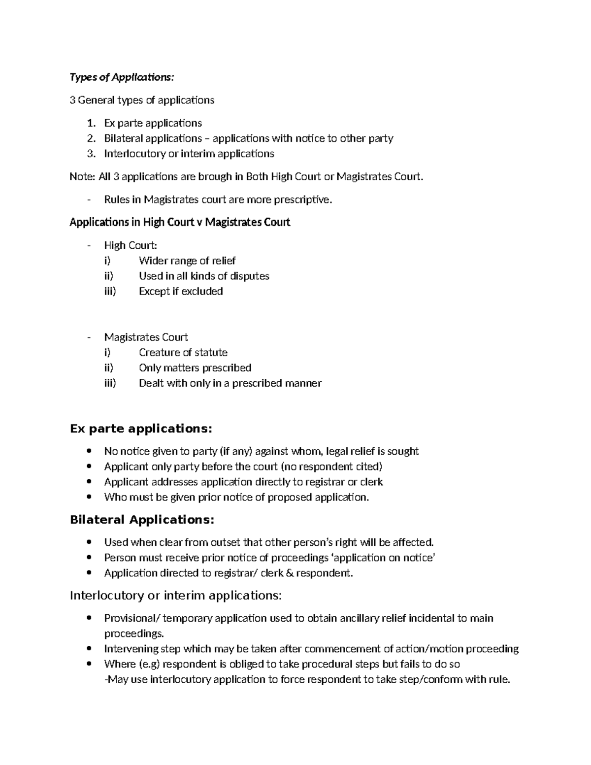 Unit 8 Civil Procedure - Summarised notes - Types of Applications: 3 ...